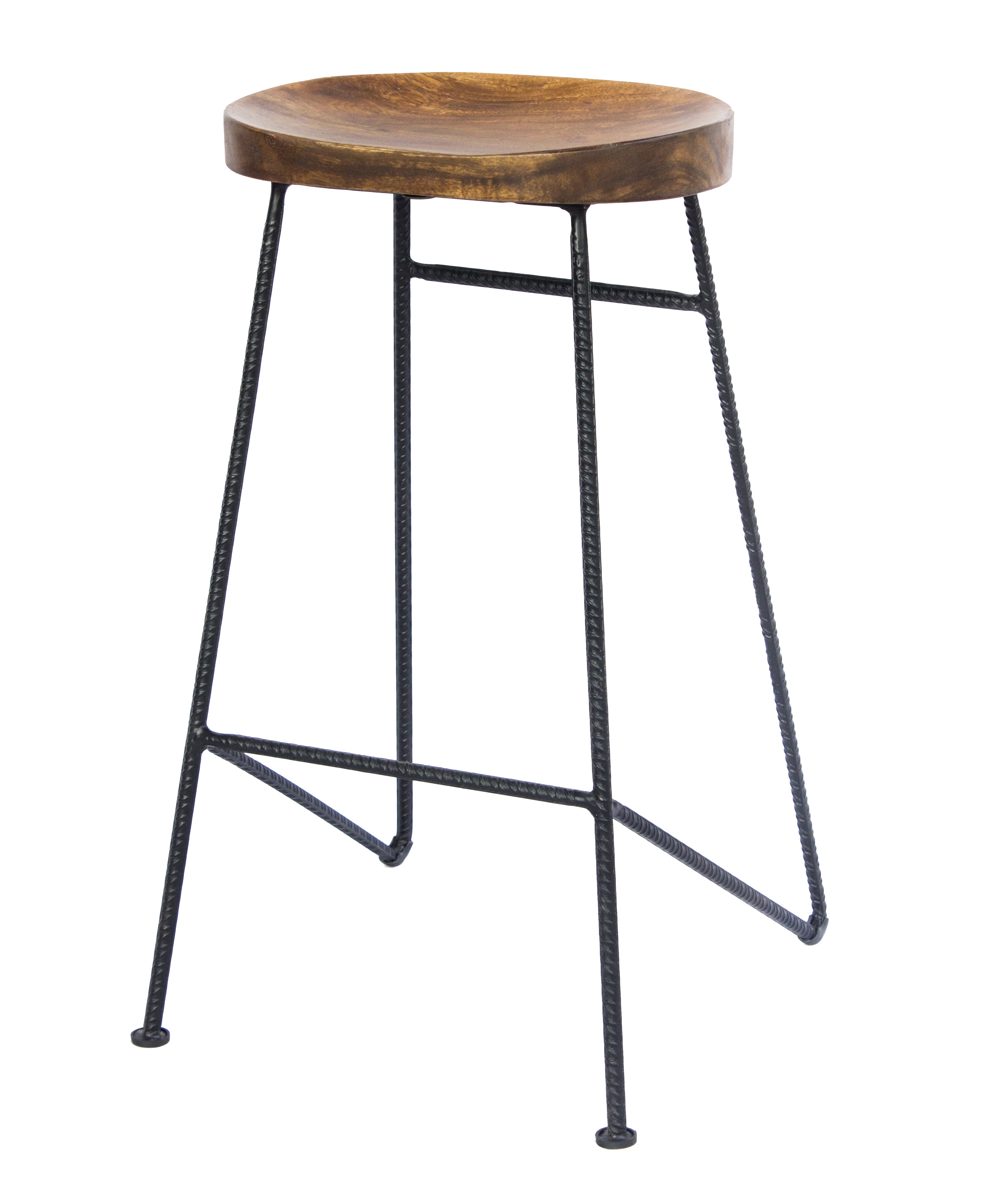 28 Inch Bar Stool with Mango Wood Saddle Seat, Iron Rod Legs, Brown and ...