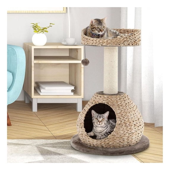 28 Inch Cat Tree Tower, Handmade Water Hyacinth Cat House with ...