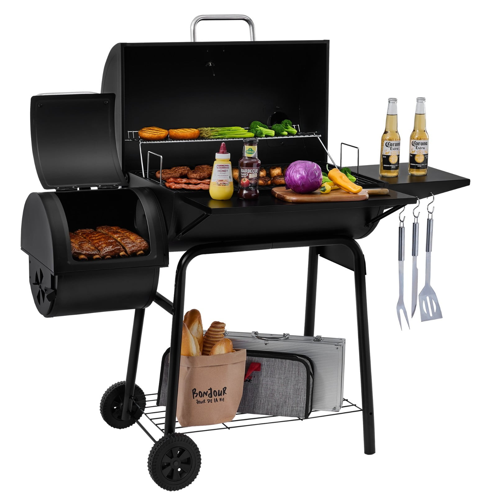 28-Inch Charcoal Grill & Offset Smoker with Fixed Side Table - Walmart.com