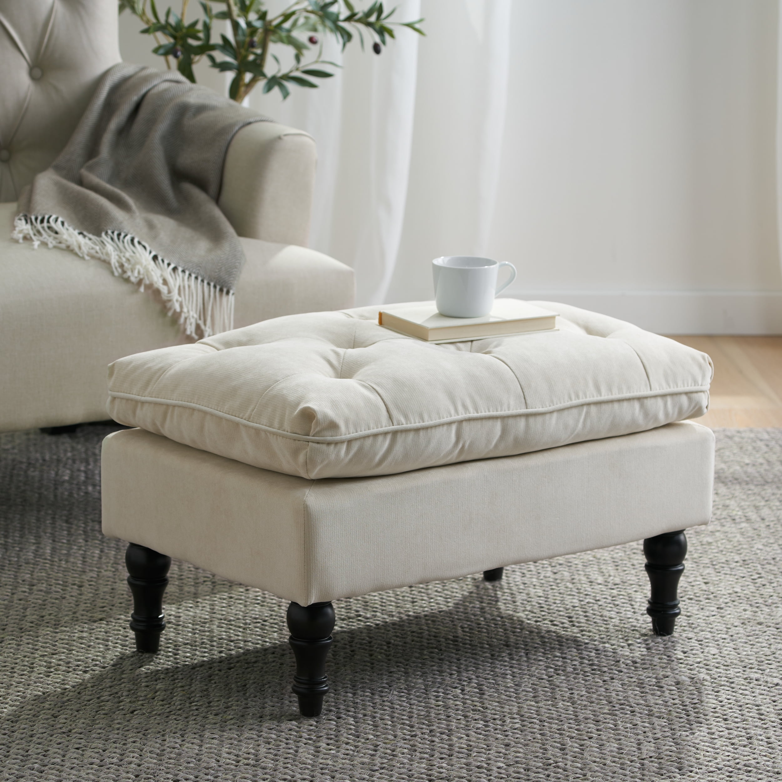 28 Inch Cream Pillow Top Ottoman - Plush Tufted Seating, Footrest, or ...