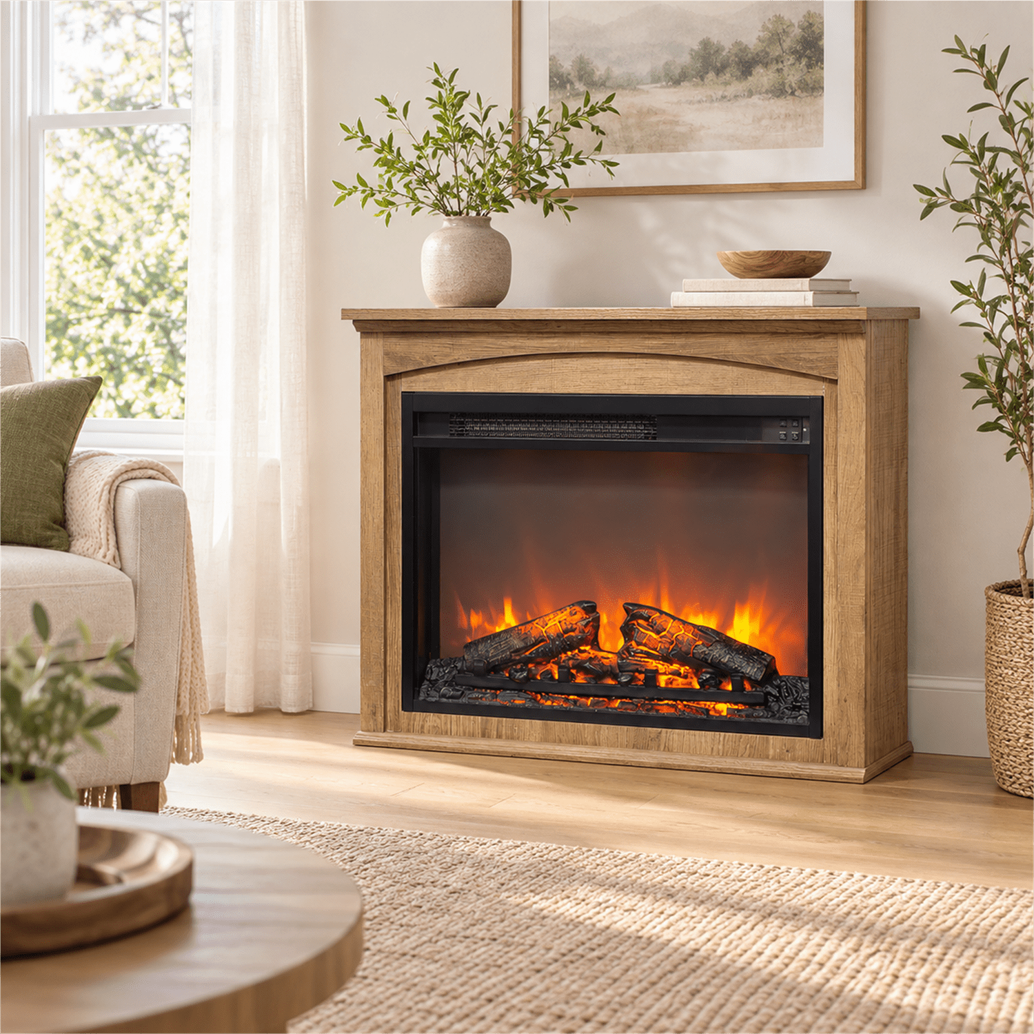 28-Inch Freestanding Electric Fireplace with Wood Mantel, 23-Inch ...