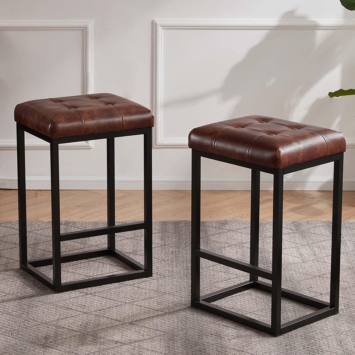 28 Inch Height Bar Stools Set of 2, Button-Tufted Dining Chair PU ...