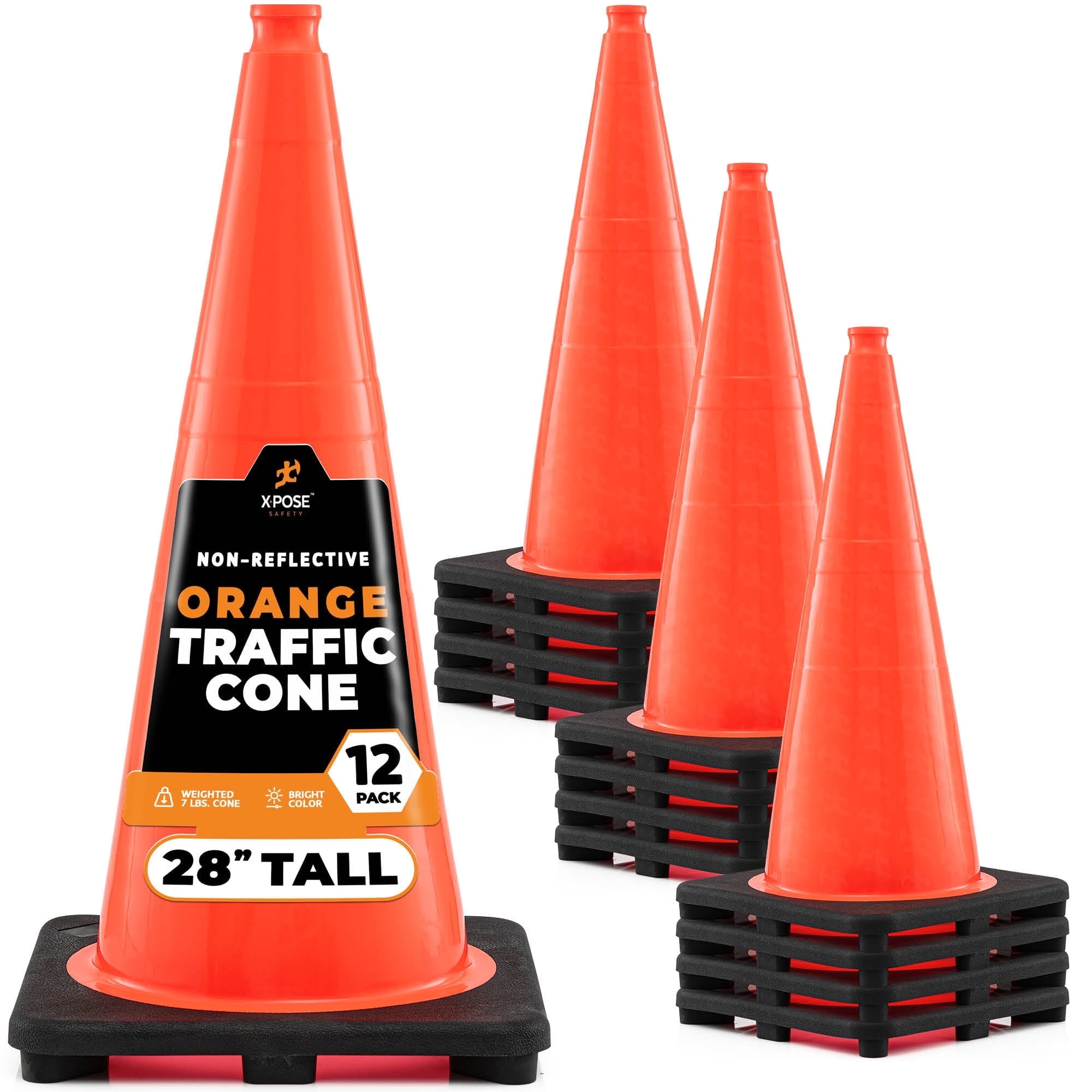 28 Inch Orange Traffic Cones, 12-Pack - Multipurpose PVC Plastic Safety ...