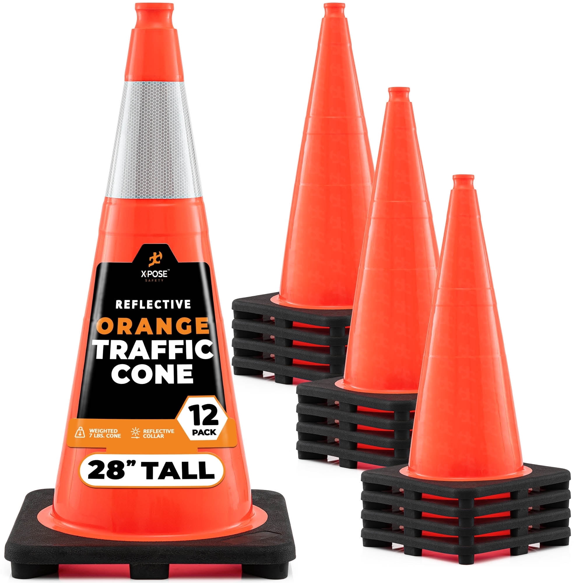 28 Inch Orange Traffic Cones with 6" Collar, 12-Pack - Multipurpose PVC ...