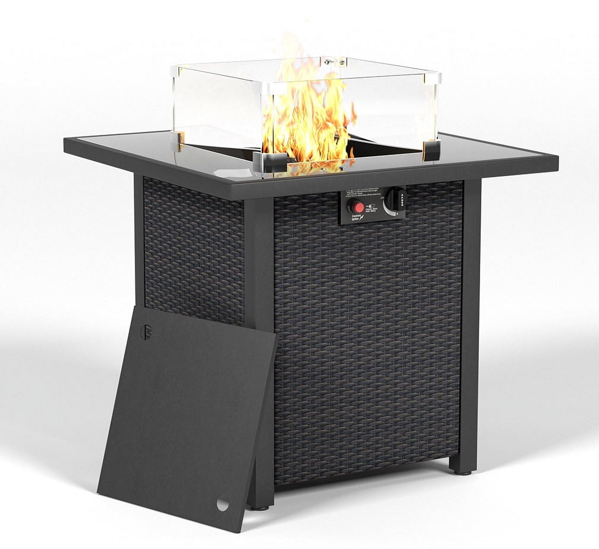 28 Inch Propane Fire Pit Table, Rattan, Wicker-Look, 50000 BTU Gas Firepits Tempered Glass ...