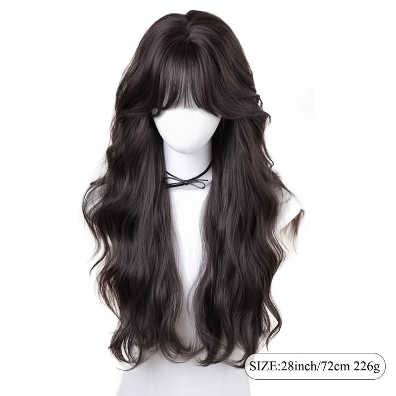 28-Inch Women's Wavy Hair Wigs with Bangs - Dark Brown - High Density ...