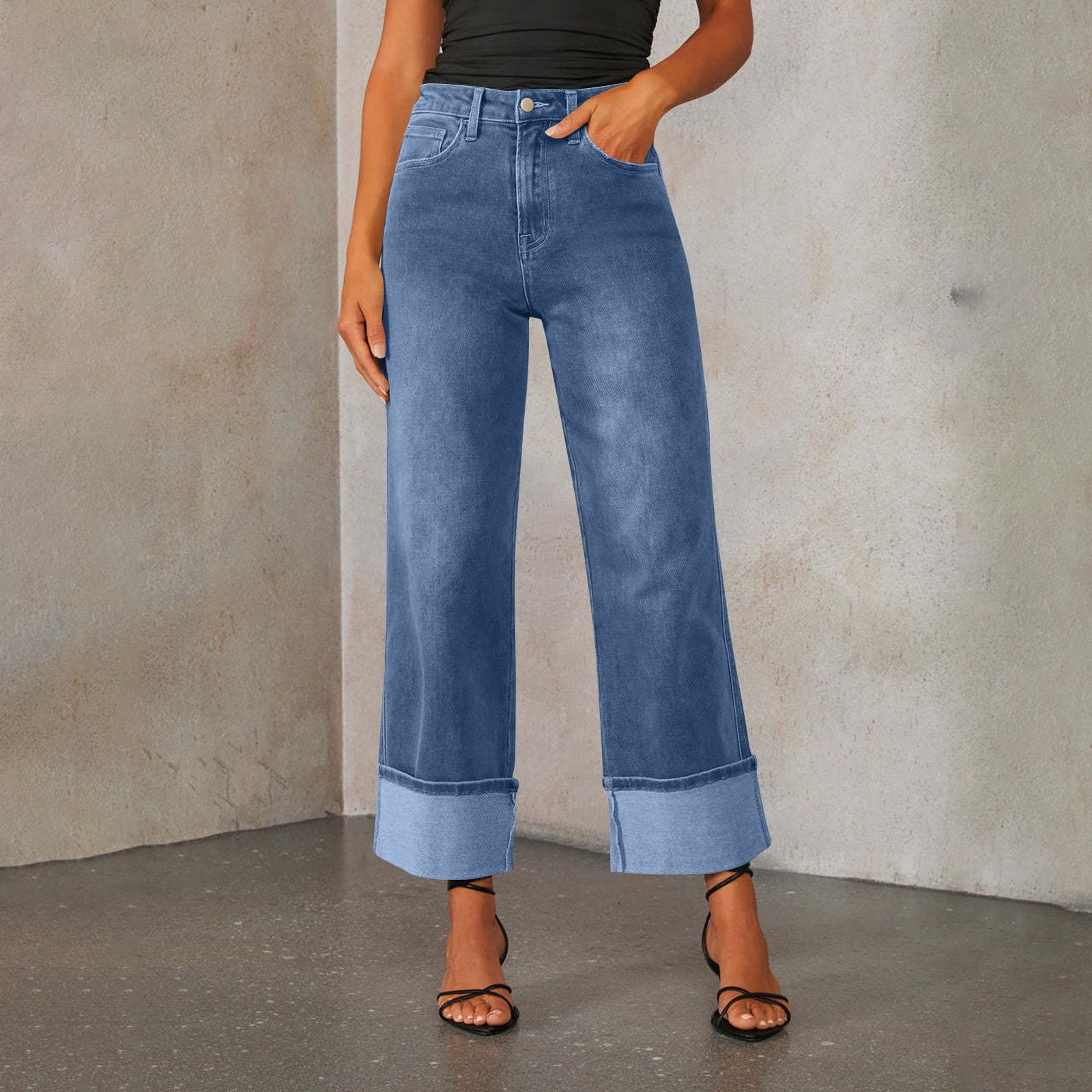28" Inseam Women's High Waisted Wide Leg Jeans Stretchy Baggy Cuffed ...