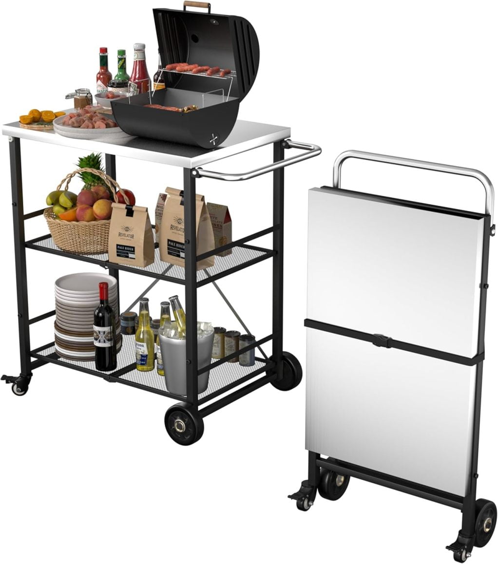 28" L x 18.5" W Outdoor Grill Carts with Two Shelves, Foldable Grill ...