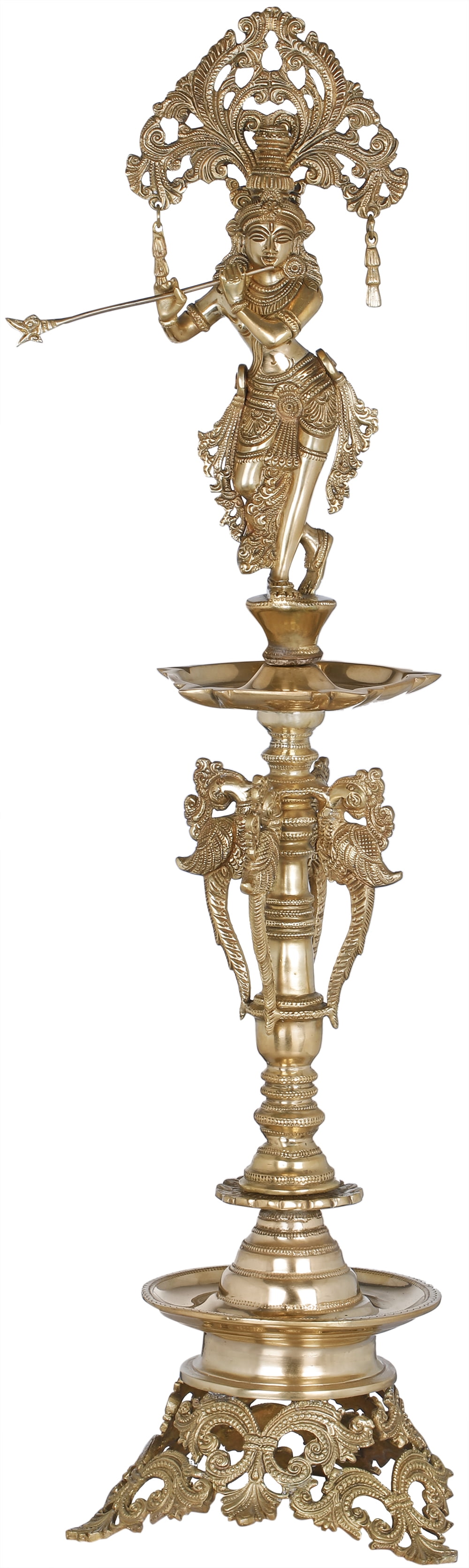 28" Large Lord Krishna Lamp | South Indian Brass | Handmade | Made In ...