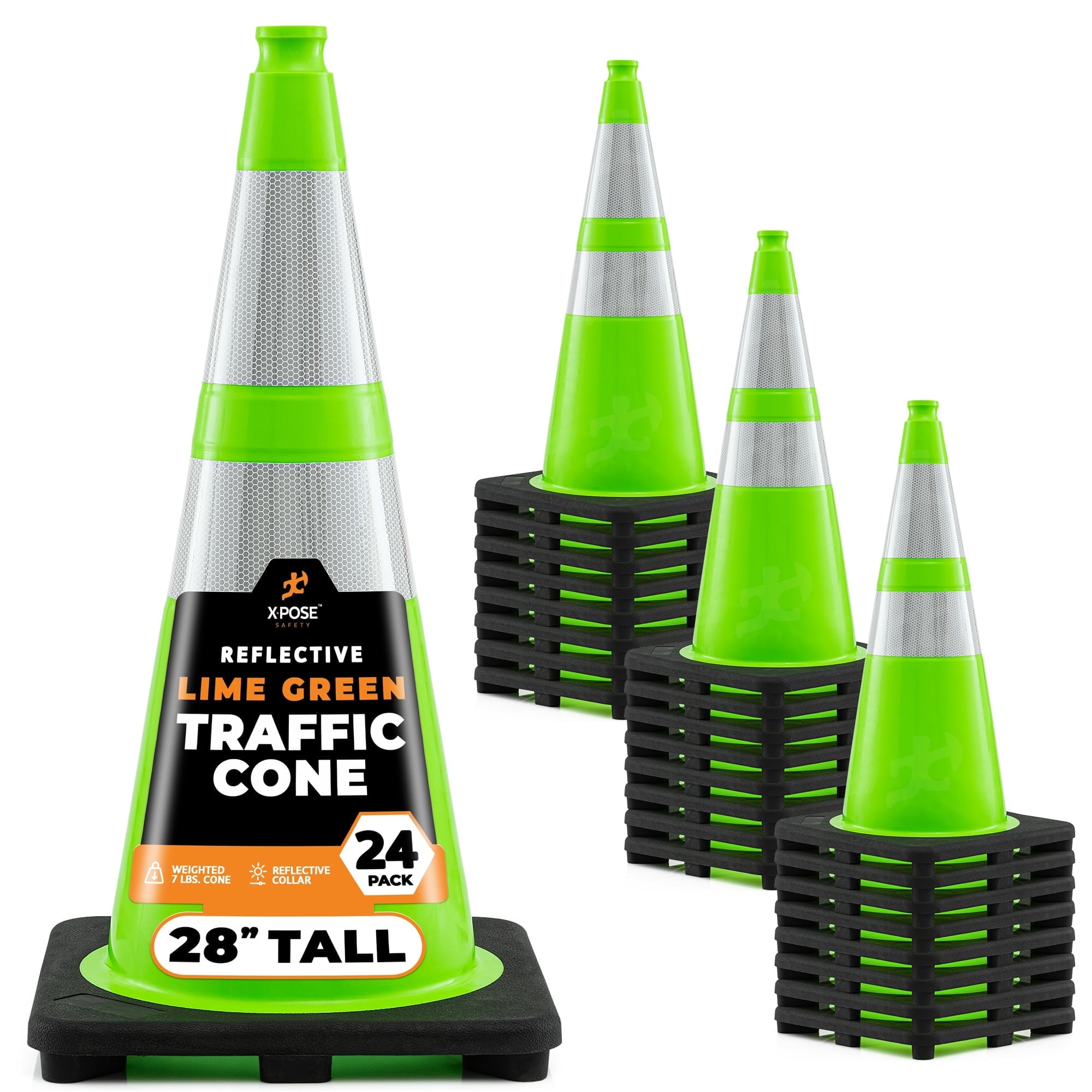 28” Lime Green Traffic Cone - 24 Pack - Dual 6" & 4" Reflective Collar ...