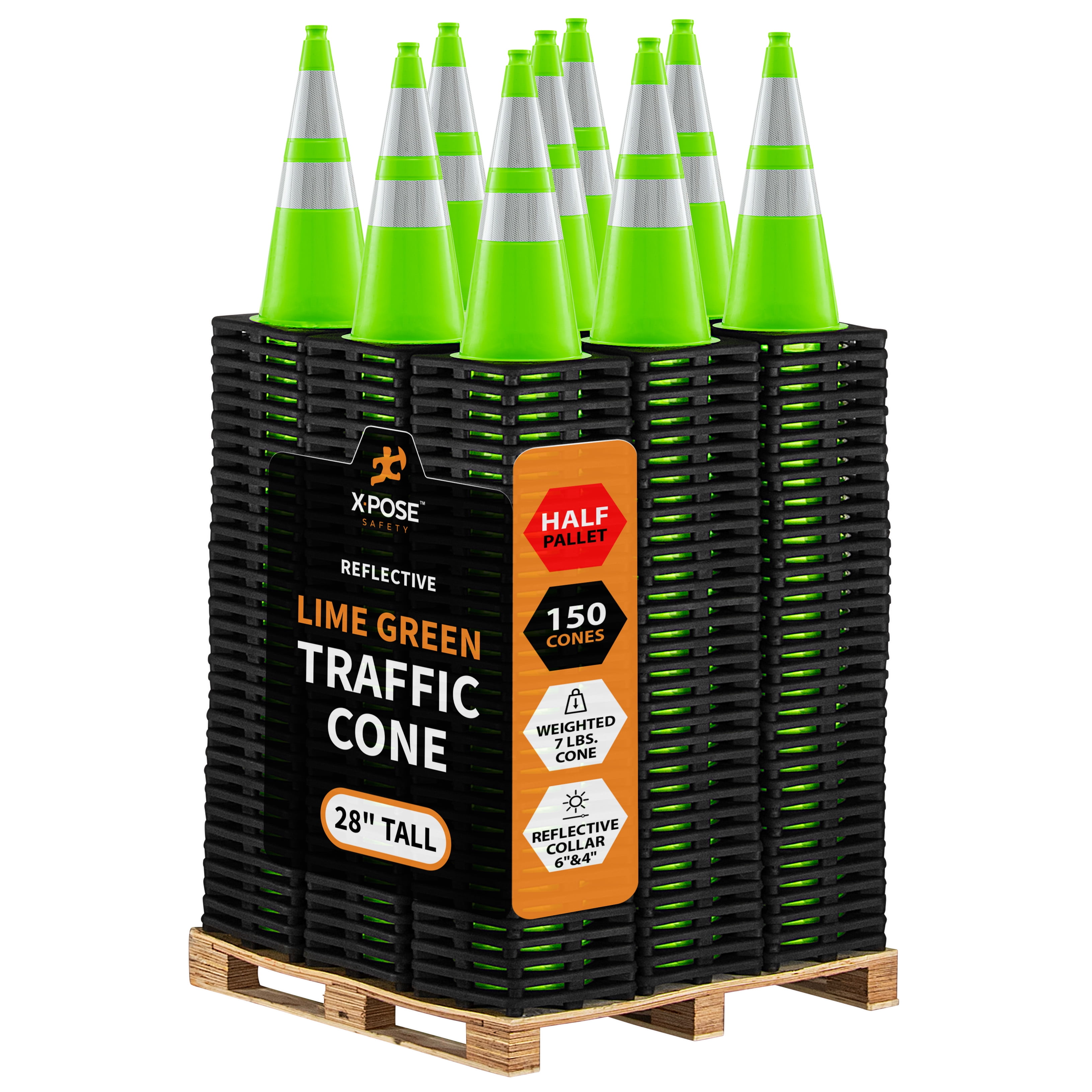 28” Lime Green Traffic Cone - Dual 6" & 4" Reflective Collar –150 Cones ...