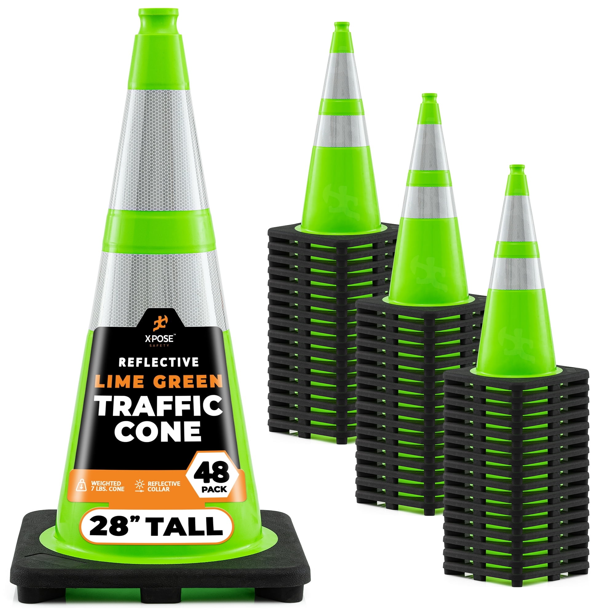 28” Lime Green Traffic Cone - Dual 6" & 4" Reflective Collar – 48 Pack ...