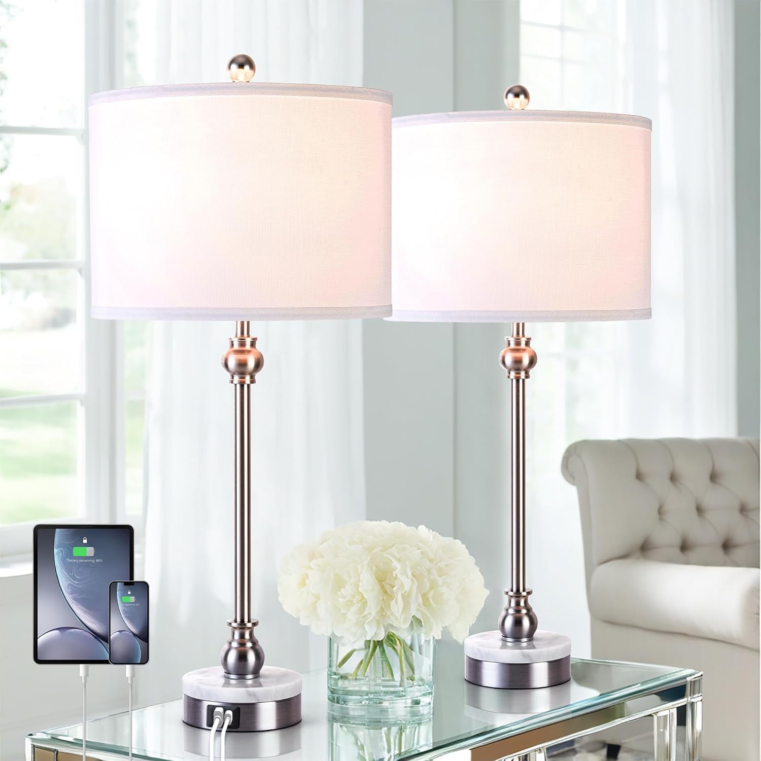 28" Modern Table Lamps Set of 2 for Living Room, Brushed Nickel Buffet ...