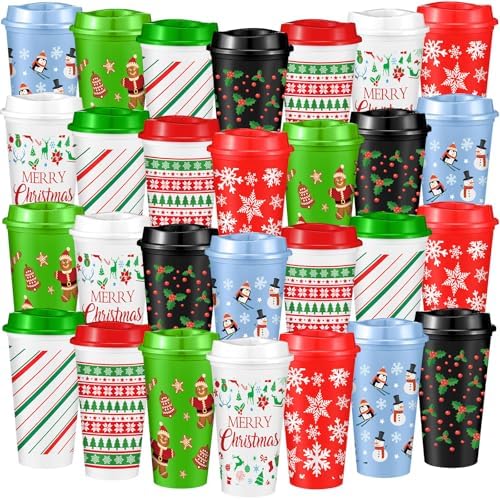 28 Pack Christmas Reusable Coffee Cup Gifts 16 oz Xmas Holiday Cups ...