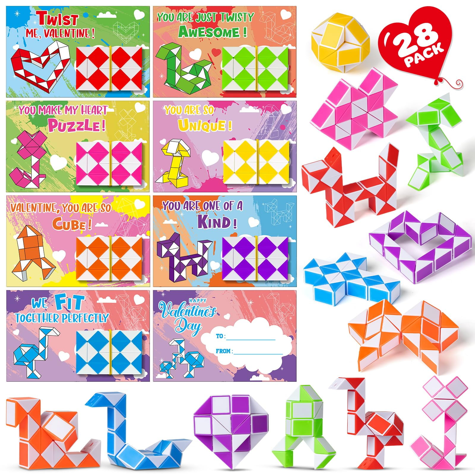 28 Pack Valentine Cards for Kids Classroom, Mini Puzzle Snake Cube Toys ...