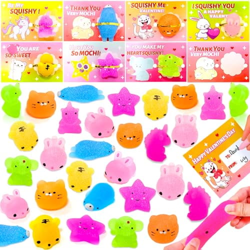 28 Pack Valentine'S Day Cards For Kids Filled Animals Glitter Mochi ...