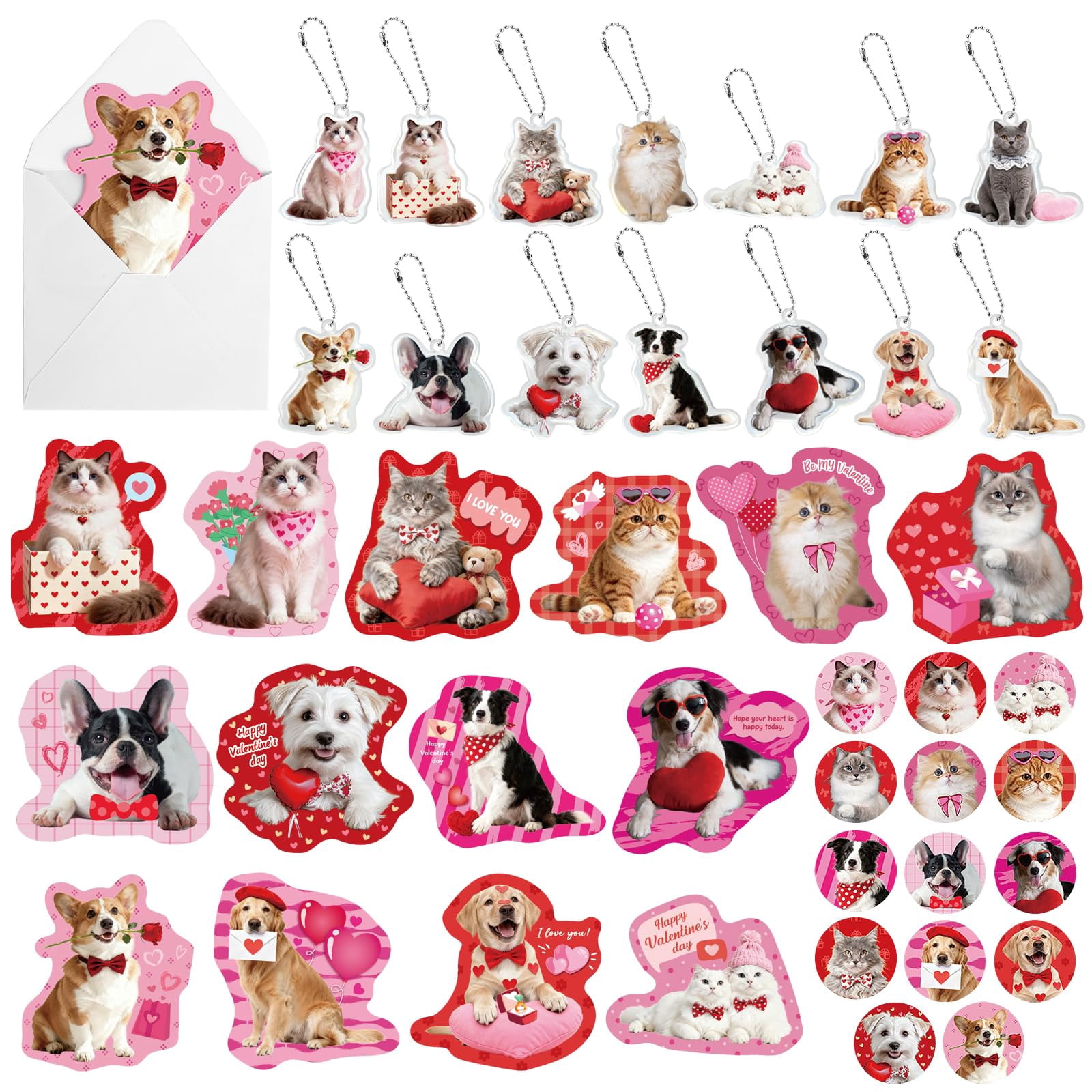 28 Pack Valentines Day Gift Cards Keychains Set Dog Charm Valentine ...