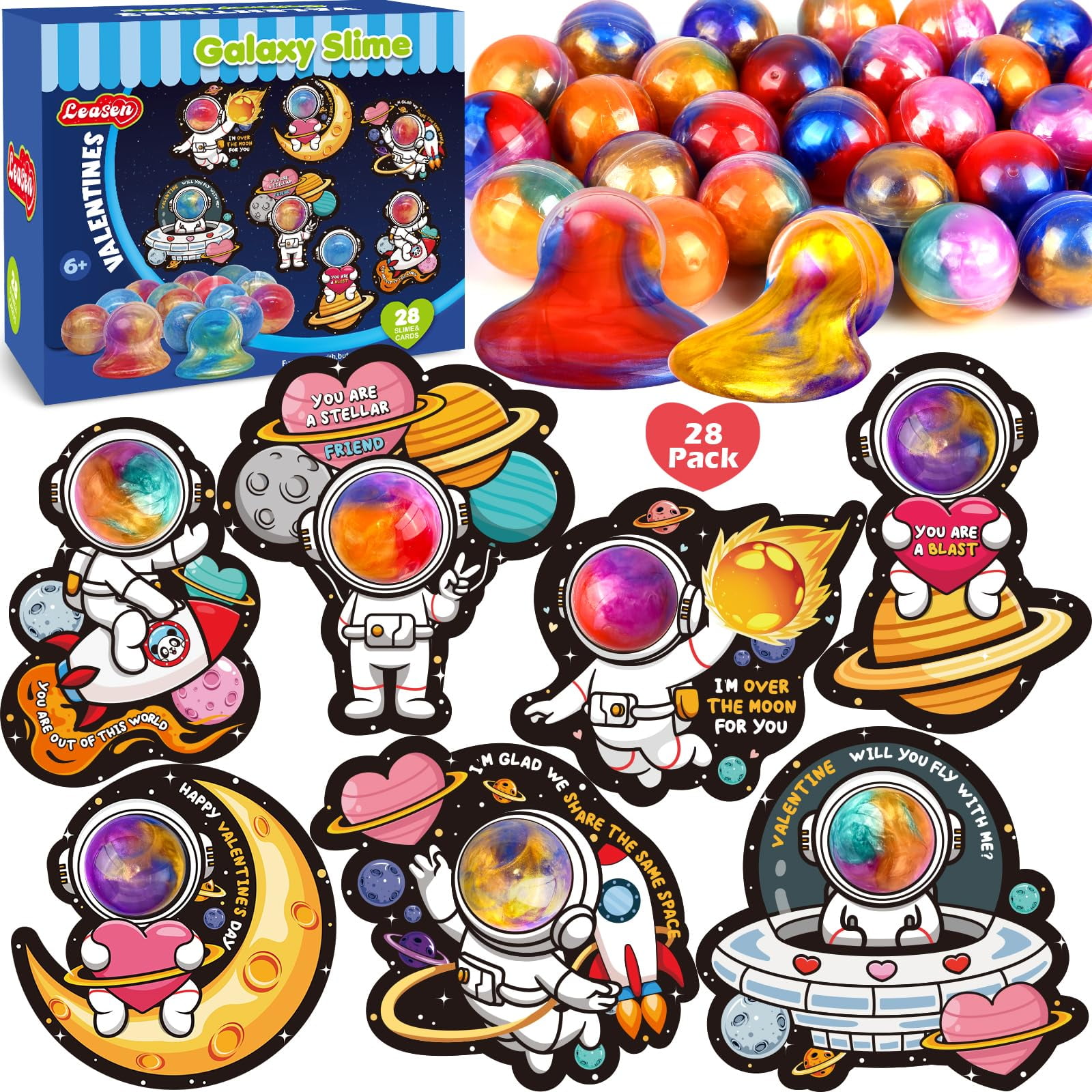 28 Pack Valentines Day Gifts for Kids, Galaxy Slime with Greeting Cards ...