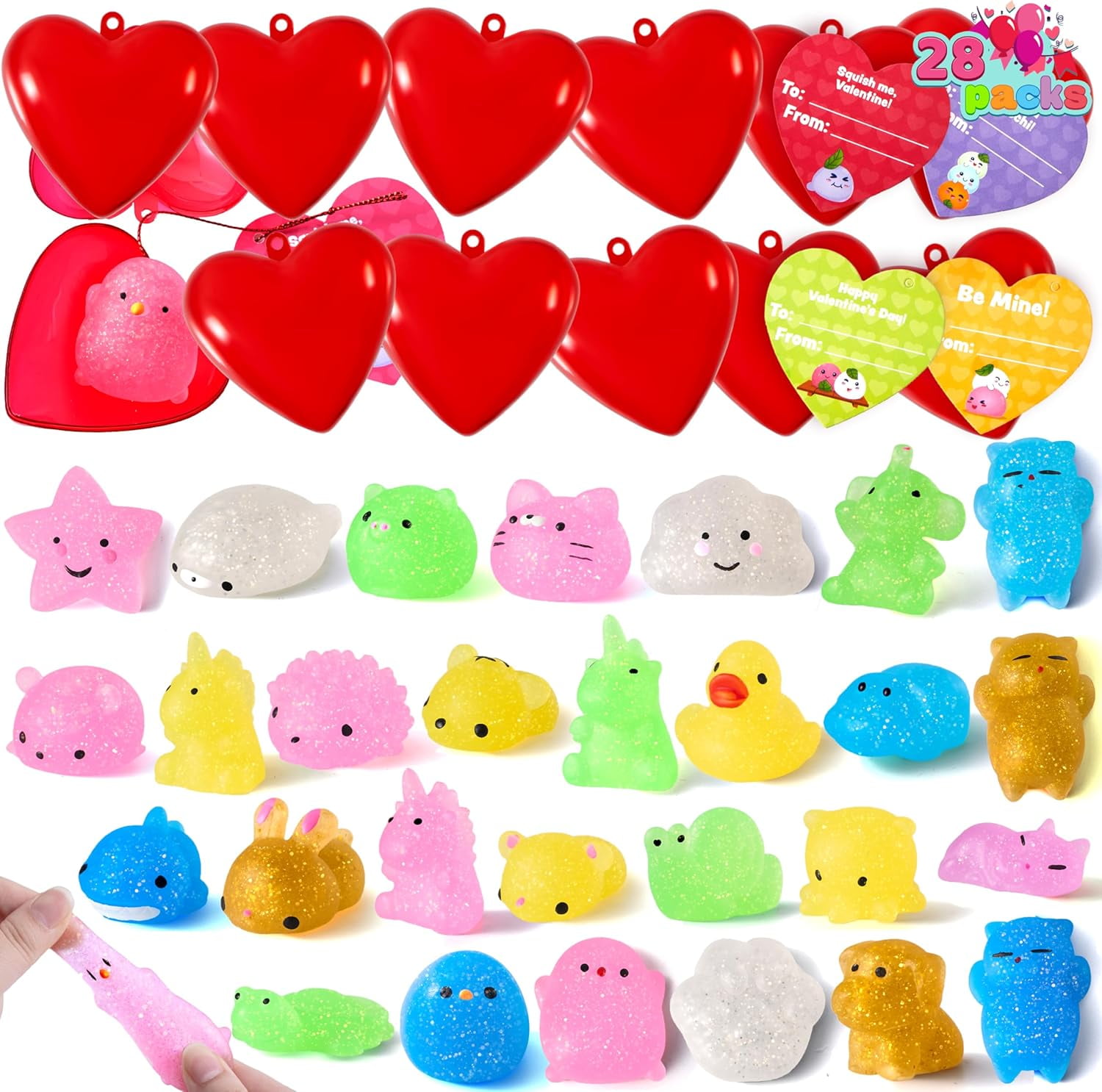 28 Packs Mochi Squishy Toys with Valentine Cards and Filled Hearts ...