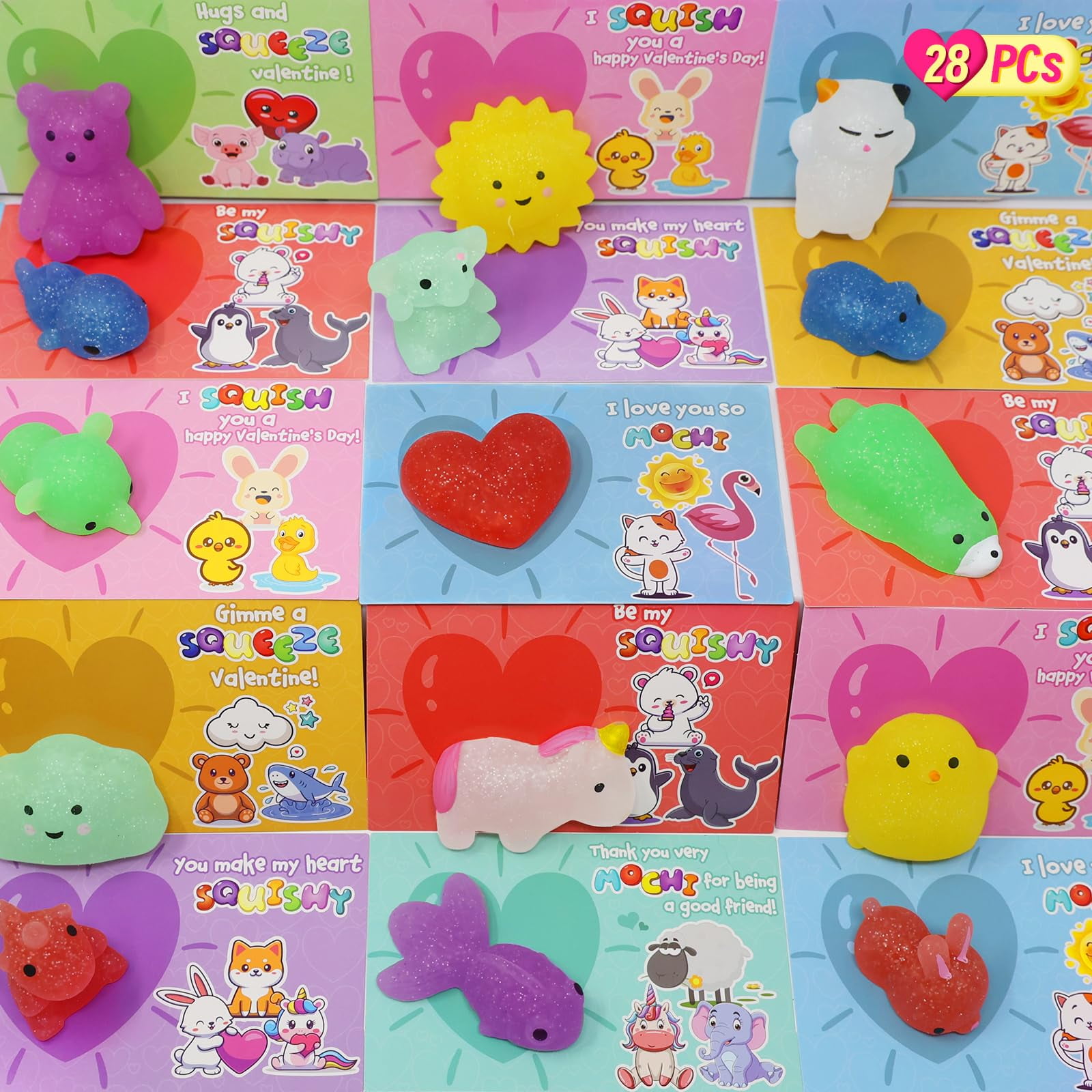 28 Packs Valentines Day AIF4 Gift Cards with Cute Kawaii Glitter Mochi ...