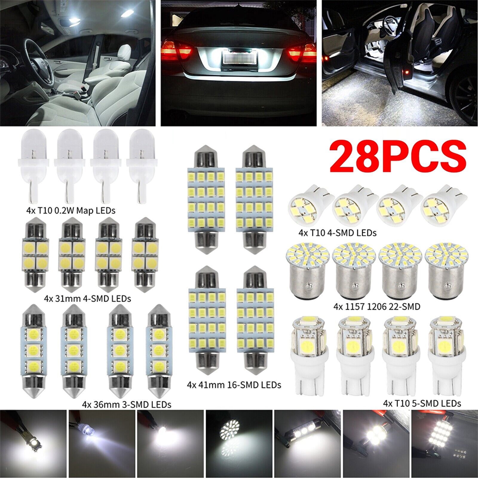Kojooin 28pcs Car Interior Combo Led Bulb Kit 12v 6000k Map Dome Door ...