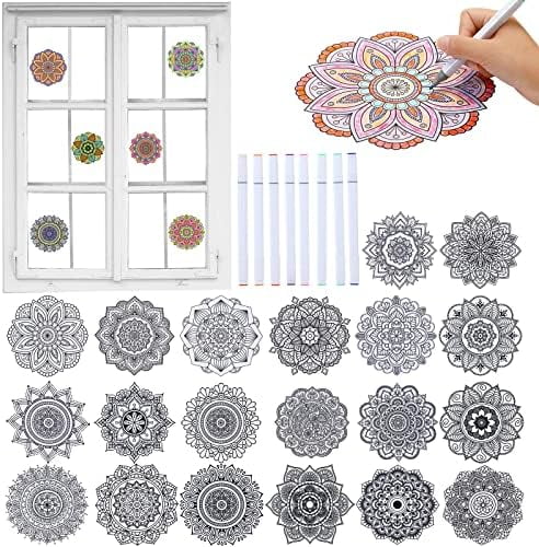 28 Pcs Mandala Window Clings and Markers Color Your Own Stained Glass ...