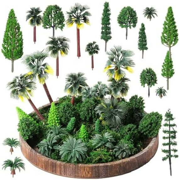 28 Pcs Model Trees Mixed Model with 1.4 Ounce Faux Green Moss Decor ...