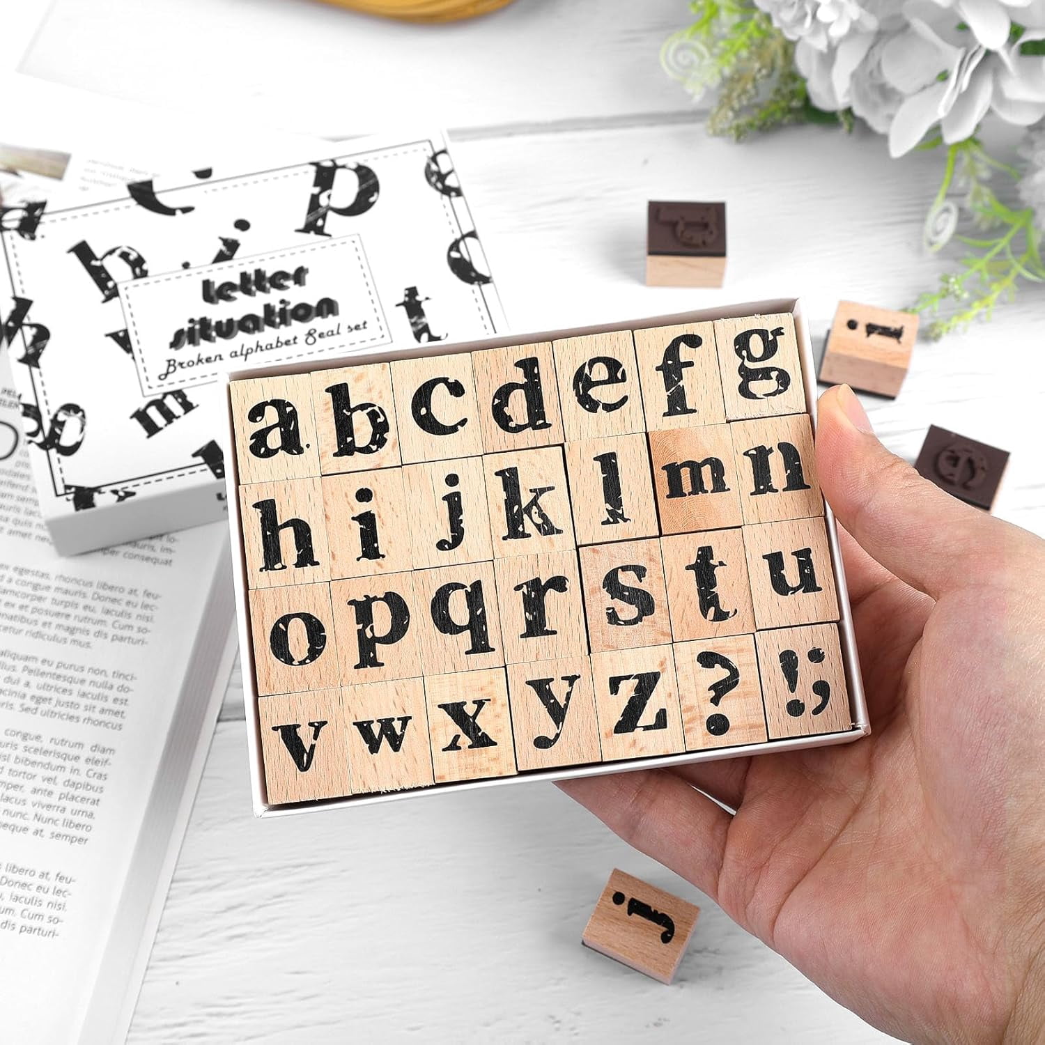 28-Piece Cute Alphabet Rubber Stamps, Wooden Lowercase Stamps for ...