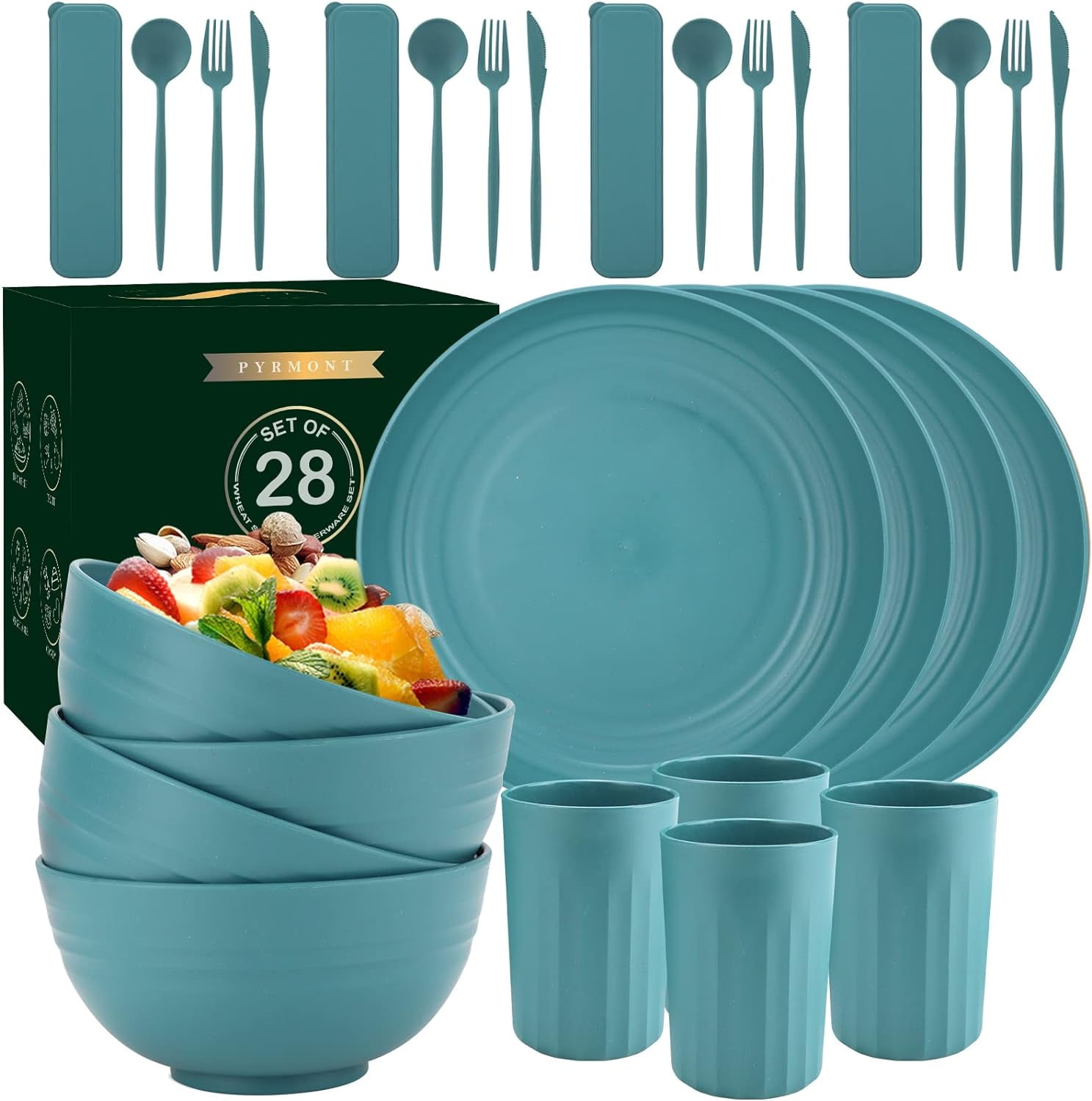 28-Piece Wheat Straw Dinnerware Sets, Microwave & Dishwasher Safe ...