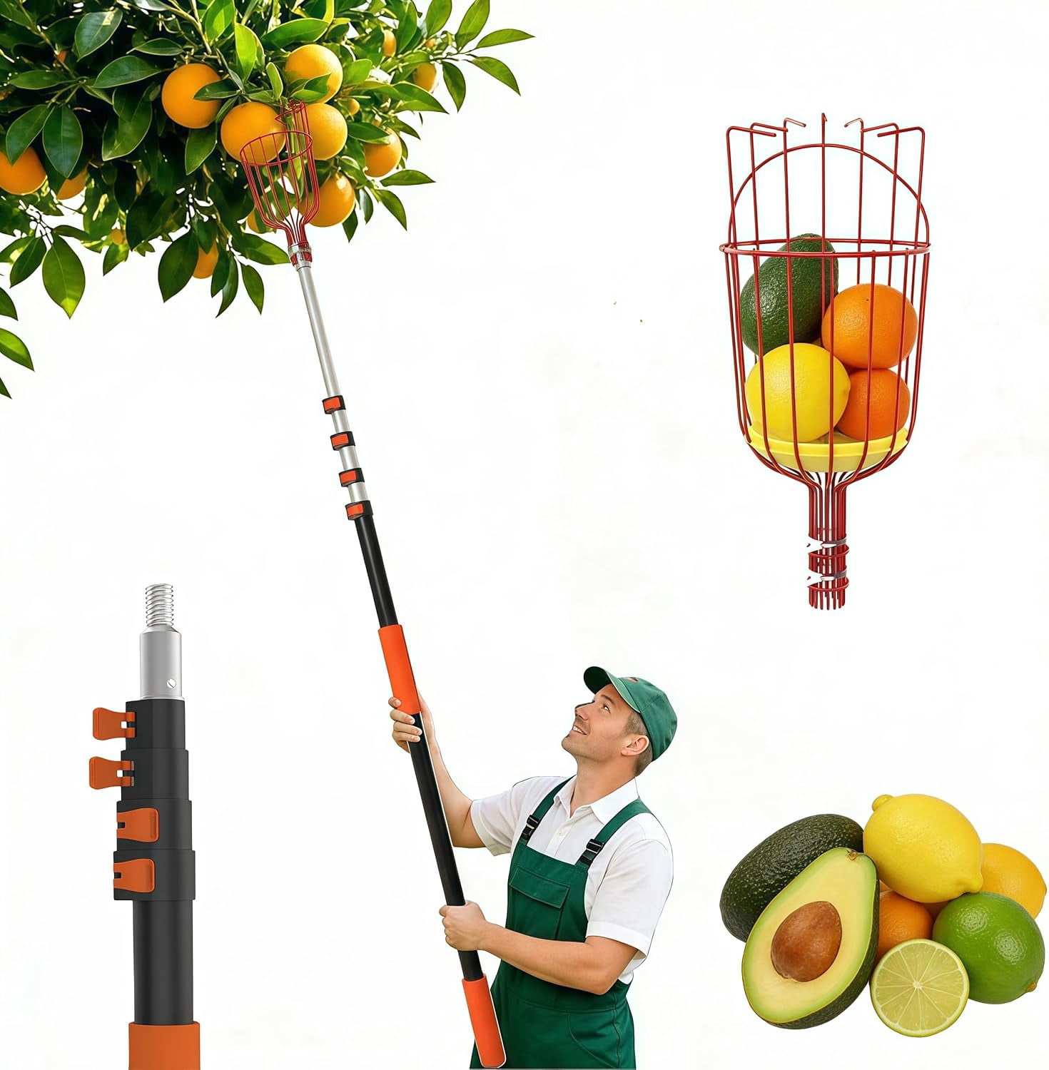 28 Reach Fruit Picker with Telescopic Extension Pole, 5 to 20 FT Fruit ...