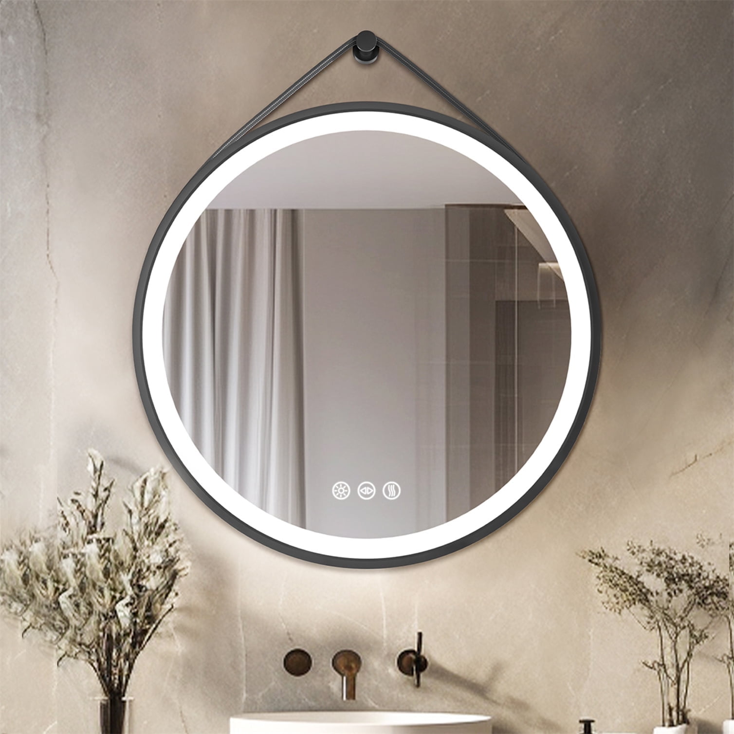 LUVODI 28" Round LED Bathroom Mirror with Lights Black Brushed Aluminum ...