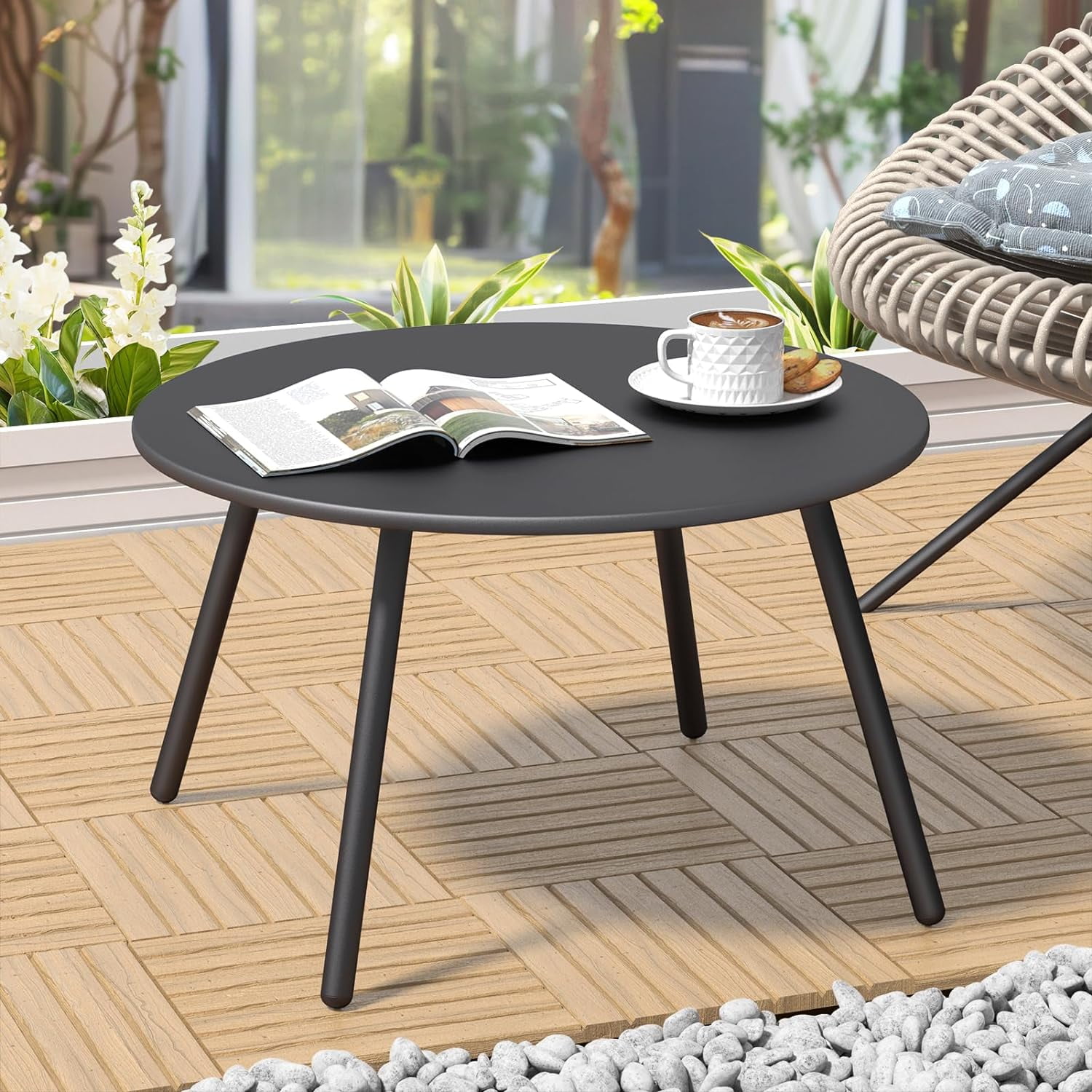 Round Metal Outdoor Side Coffee Table for Outside Patio, Black ...