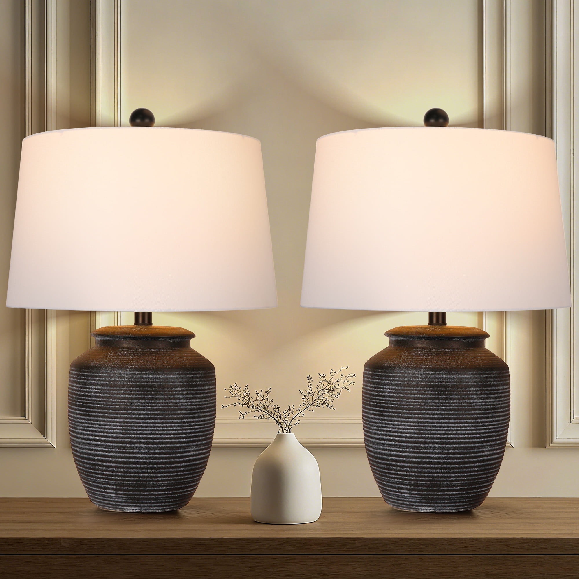 28" Rustic Black Ceramic Pot Table Lamps Set of 2 for Living Room ...