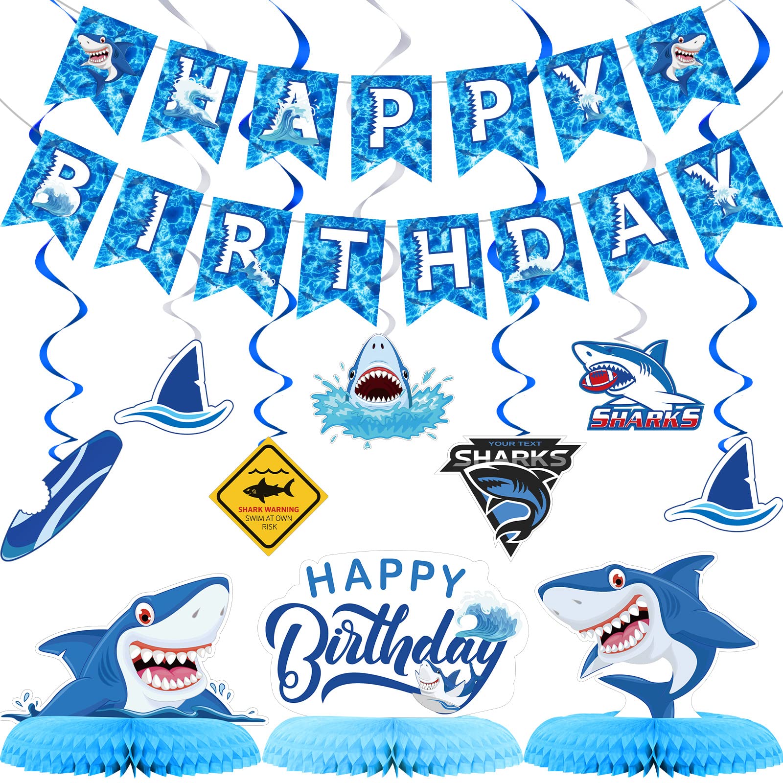 28 Shark Party Supplies Set BSL1 Includes 12 Hanging Swirls Shark Happy ...