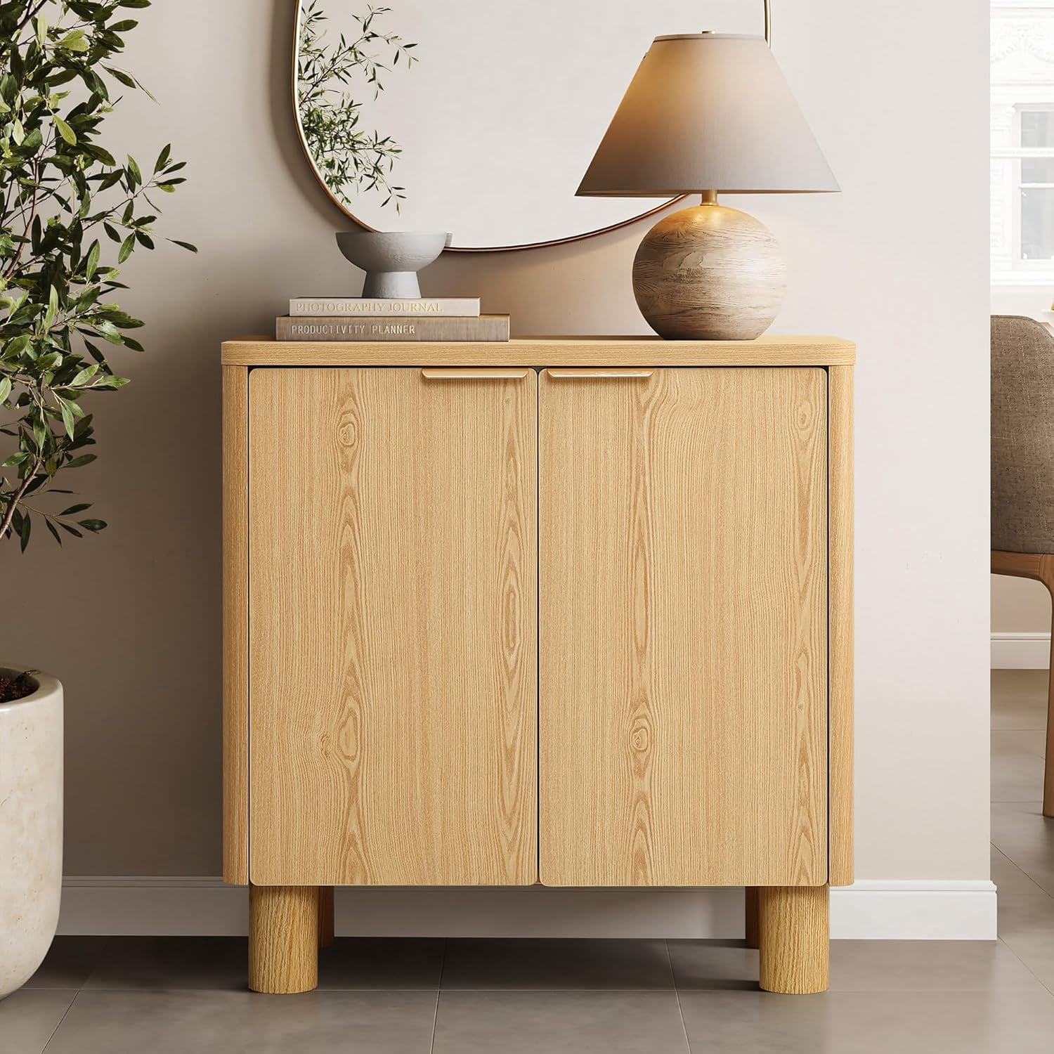 28" Small Buffet Cabinet with Storage, Japandi Style Oak Compact Accent ...