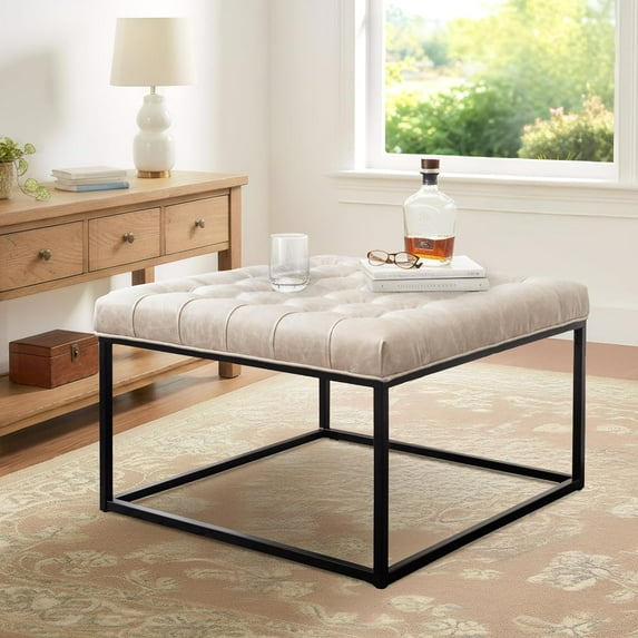28" Square Button Tufted Metal Ottoman with Multiple Fabric Options ...