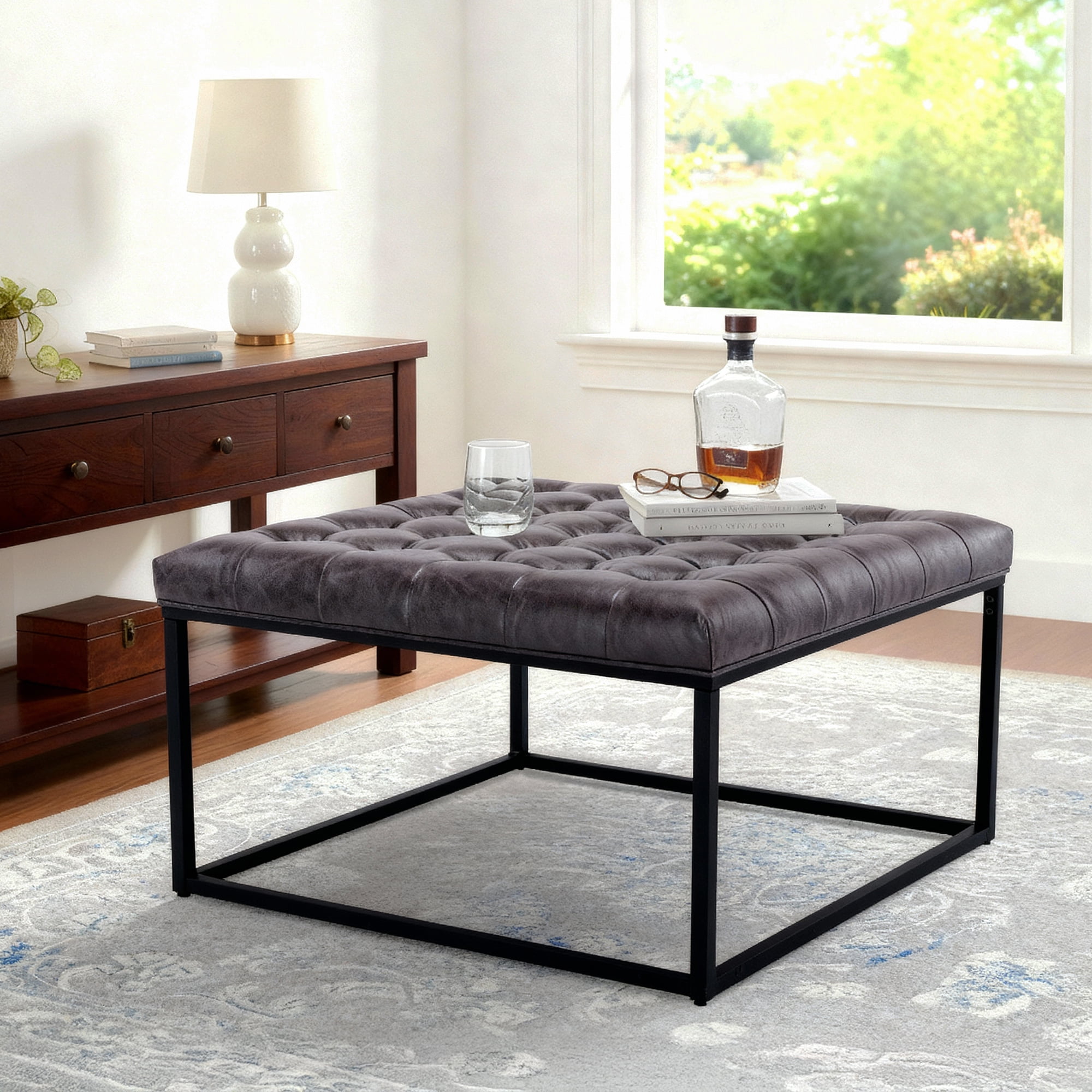 28" Square Button Tufted Metal Ottoman with Multiple Fabric Options ...