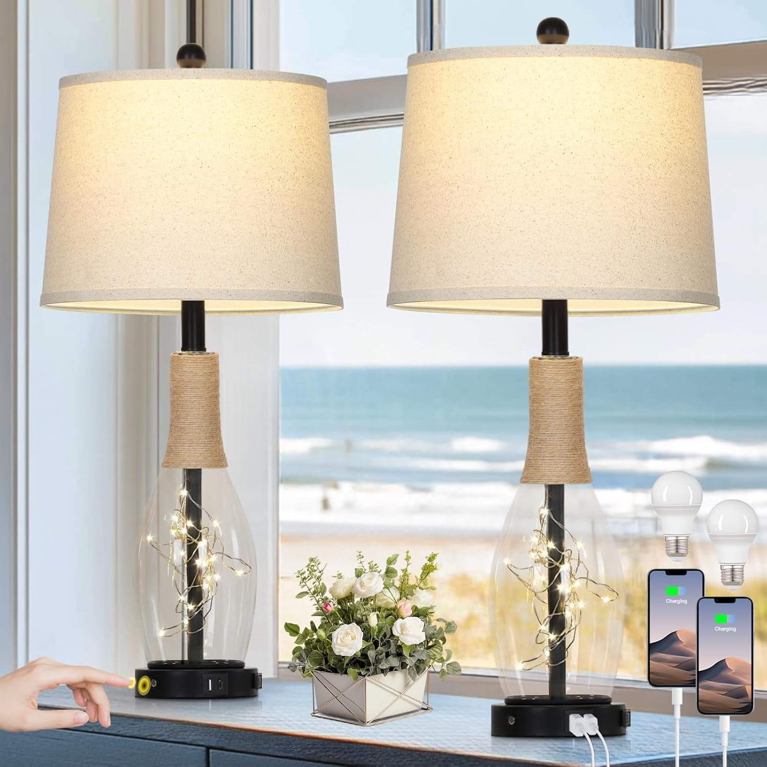 28" Tall Coastal Table Lamps Set of 2, Glass Black Modern Table Lamps ...