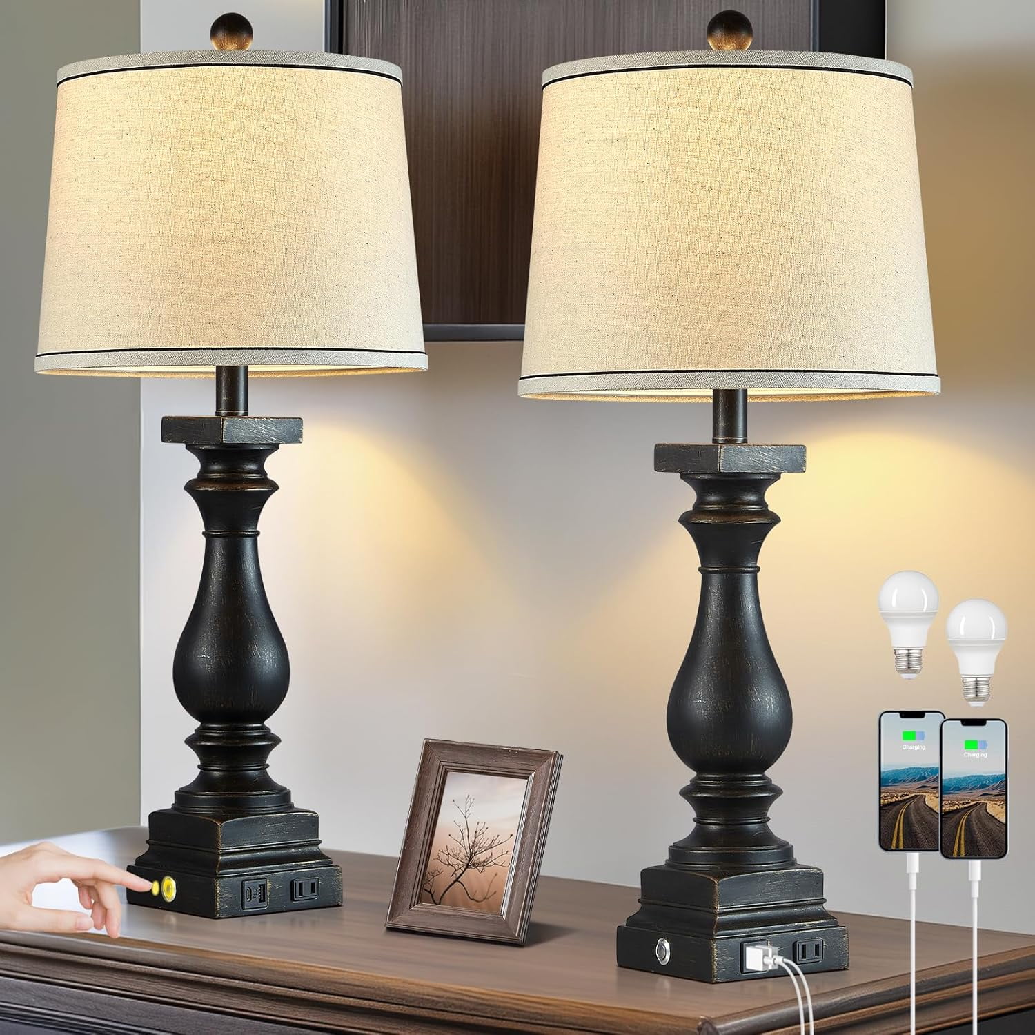 28" Tall Farmhouse Table Lamps Set of 2 with USB C+A Ports and AC ...