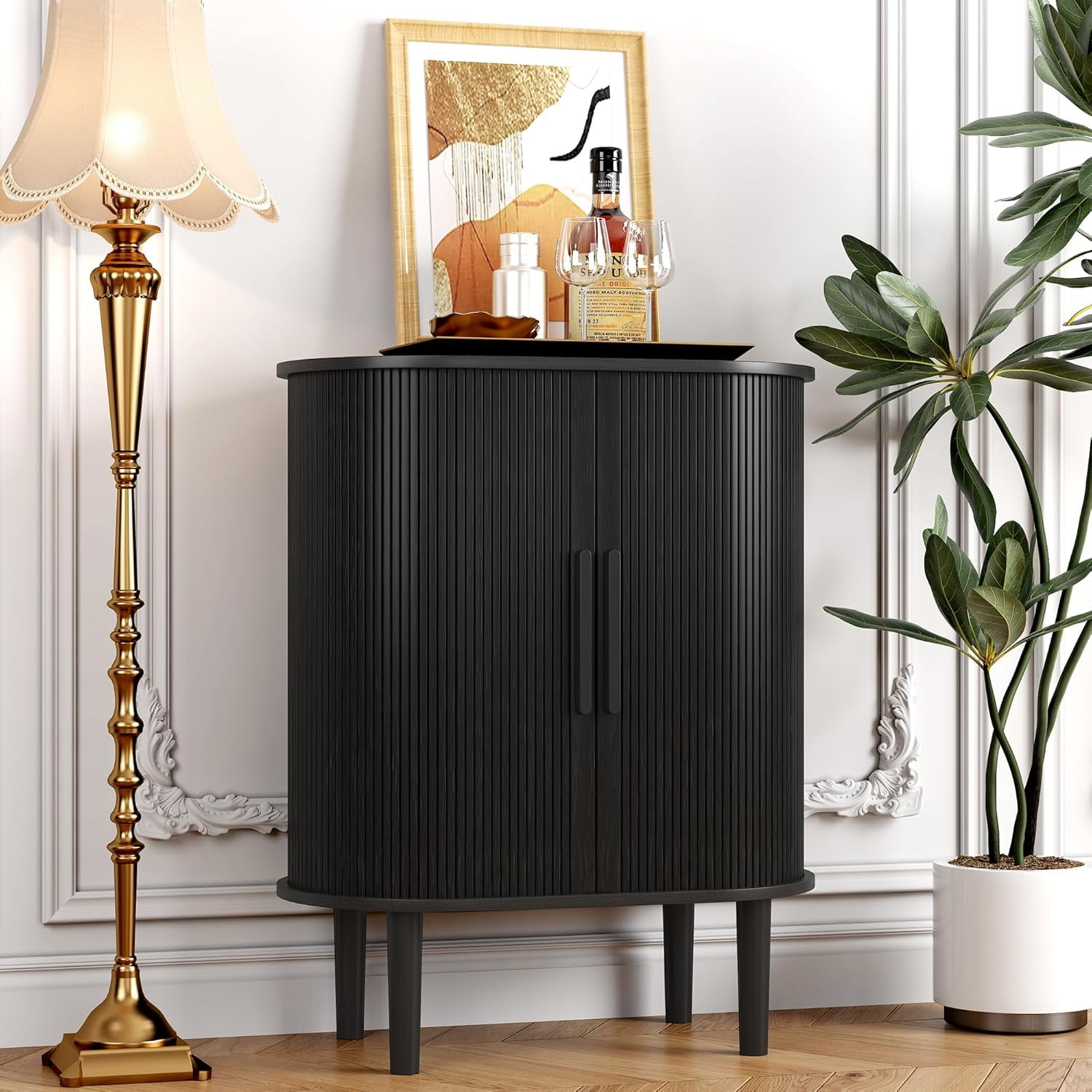 28'' Tambour Bar Cabinet with Storage, Coffee and Wine Bar Buffet ...