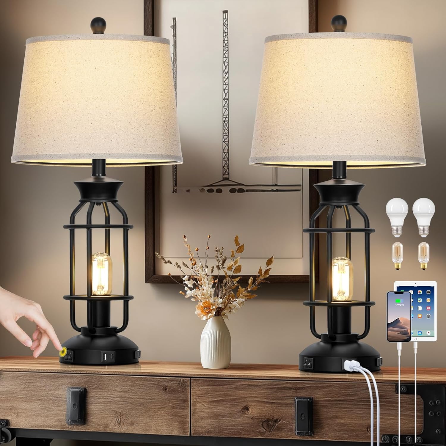 28" Vintage Table Lamps with USB C+A Ports & AC Outlet, Industrial ...