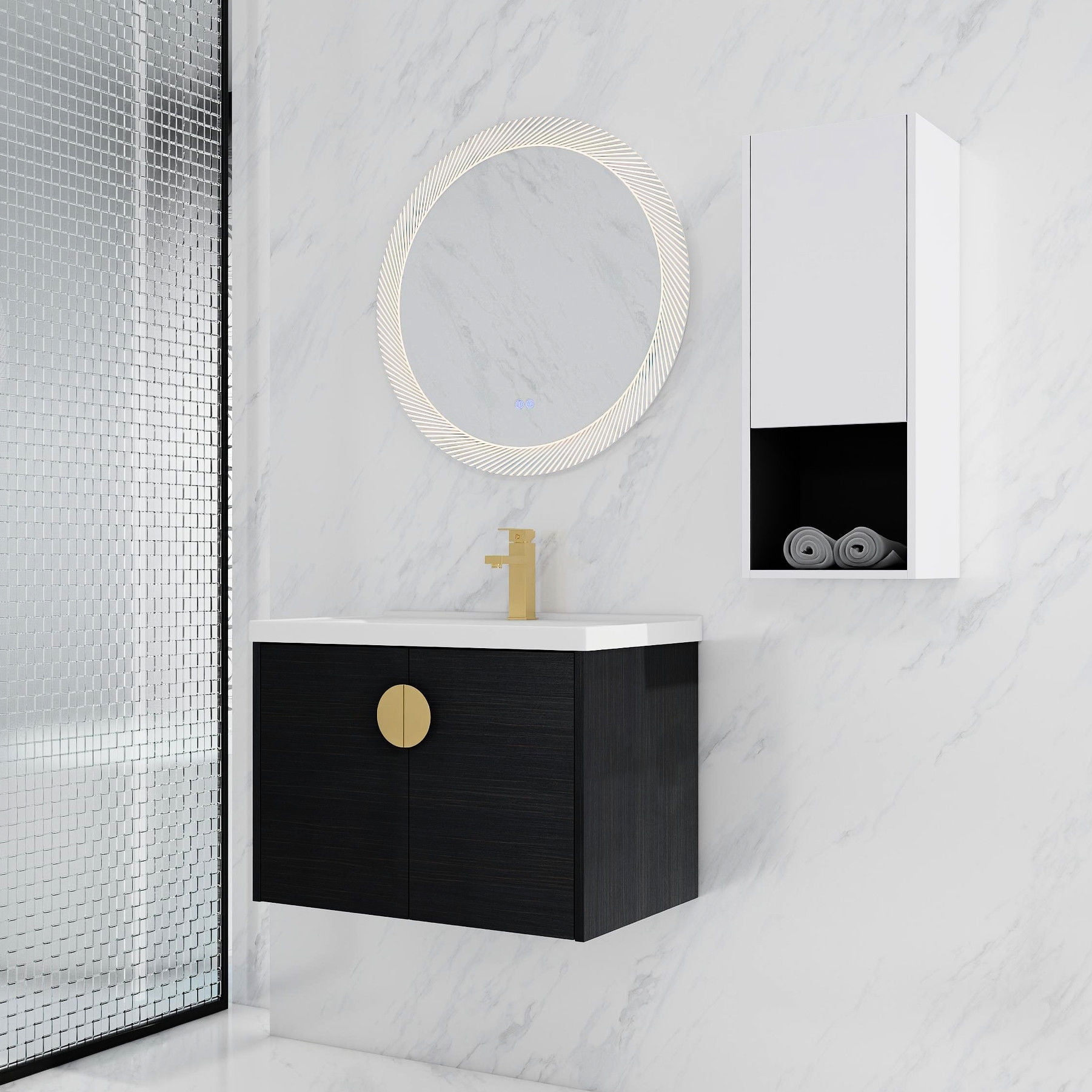 28" Wall-Mounted Bathroom Vanity - Ceramic Sink, Side Cabinet, Black ...