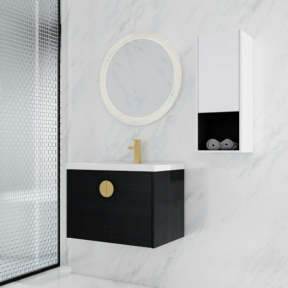 28" Wall-Mounted Bathroom Vanity - Ceramic Sink, Side Cabinet, Black ...