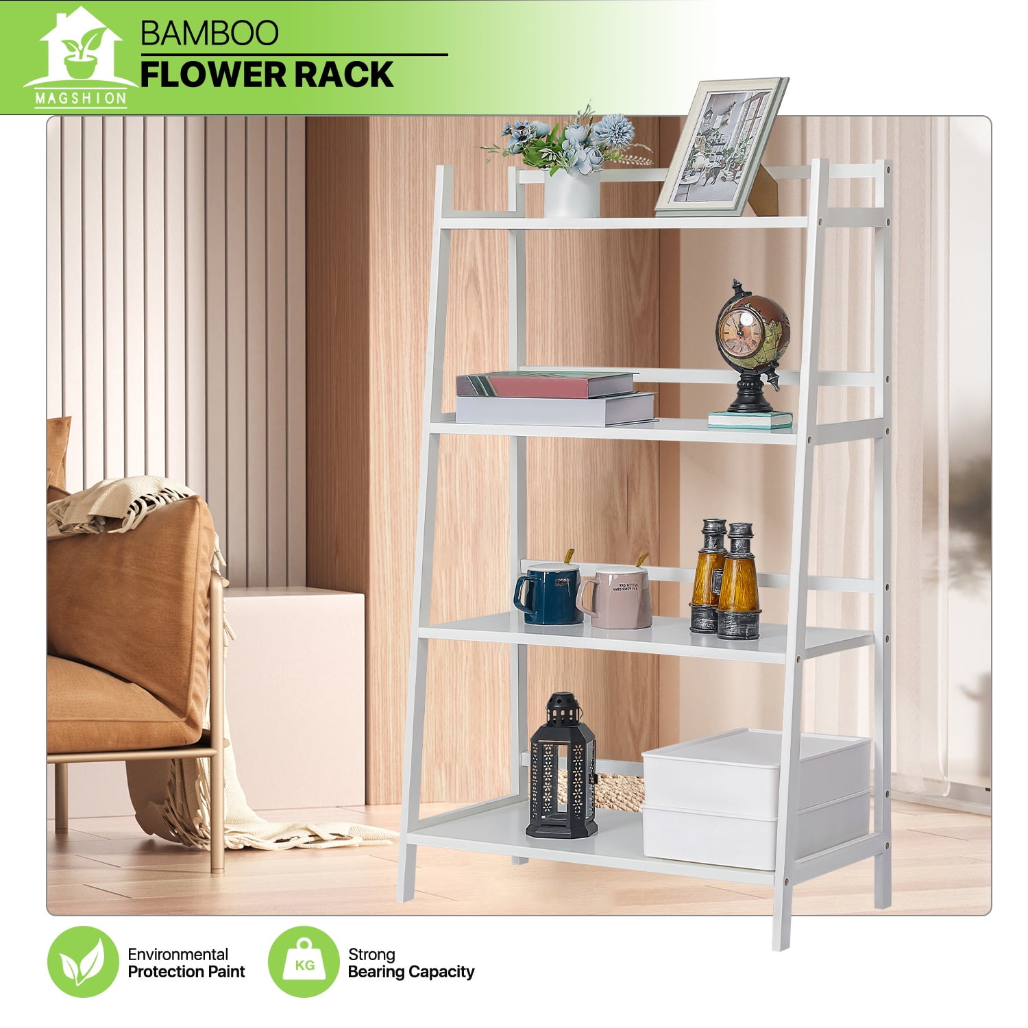 28"White Bamboo [DRIP-PROOF SHELVES] 4-Tier Freestanding Ladder Shelf ...