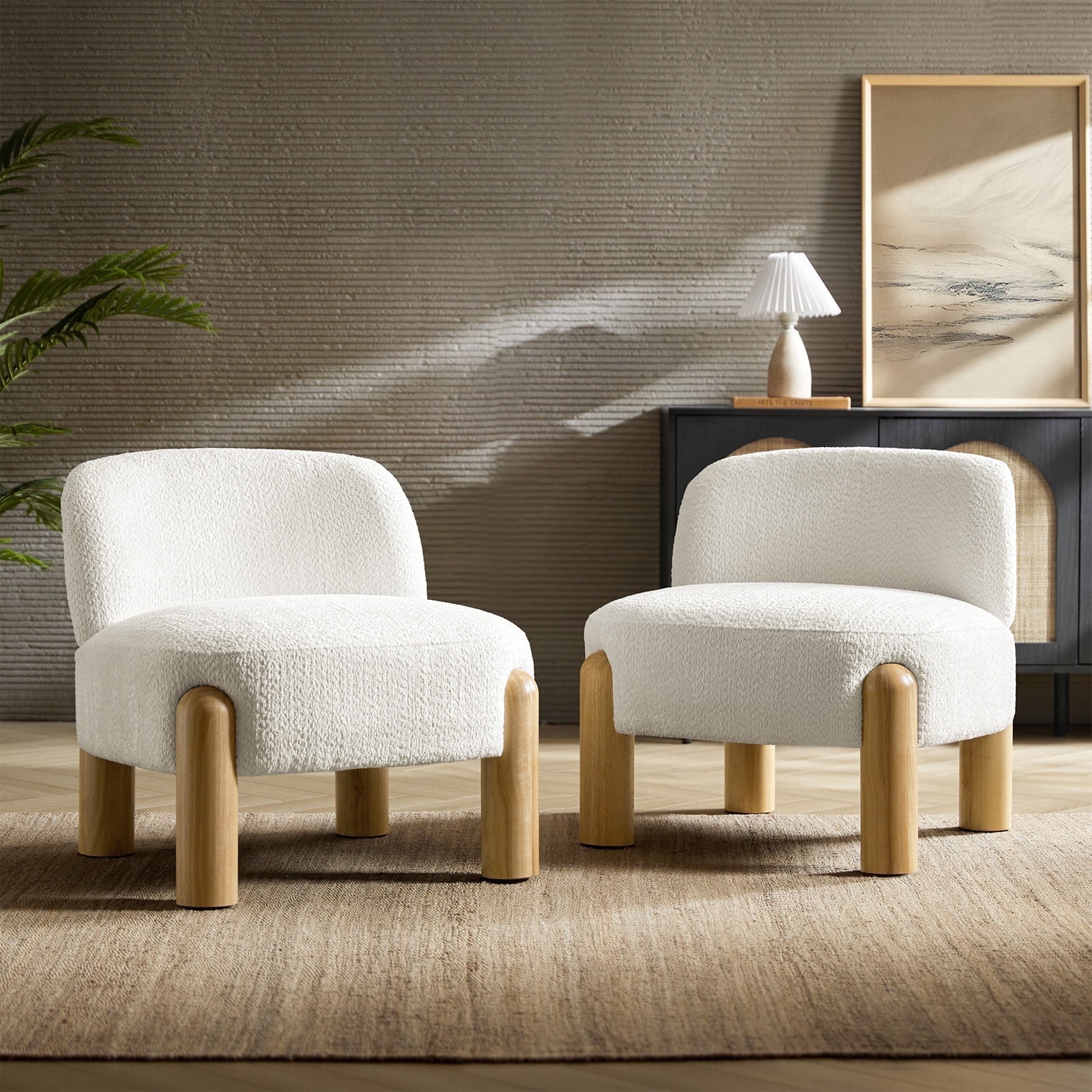 Modern Ivory Accent Chairs Set of 2 Sherpe Fabric Solid Wood Legs Teddy ...