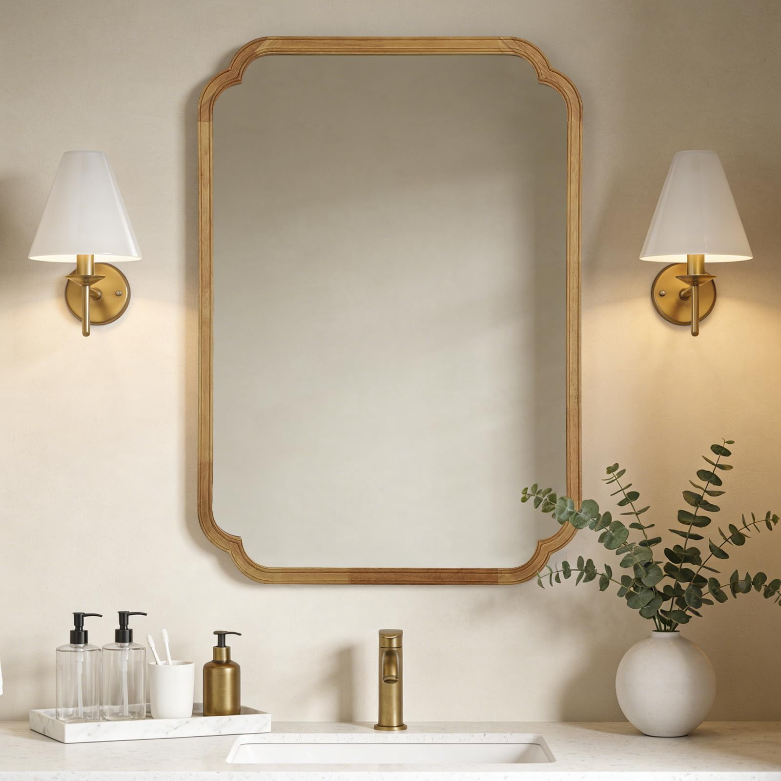 28" X 40" Rounded Corner Arch Wall Mirror With Wood Frame For Entryway ...