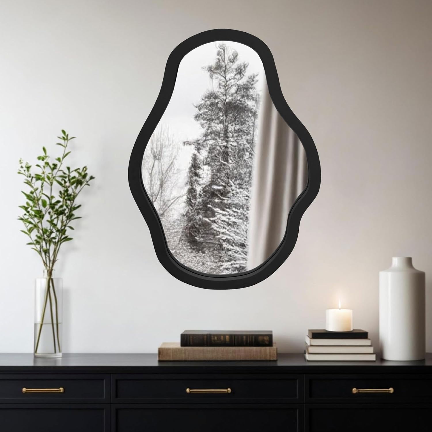 28''X20'' Asymmetrical Mirror with Wood Frame Black, Small Irregular ...