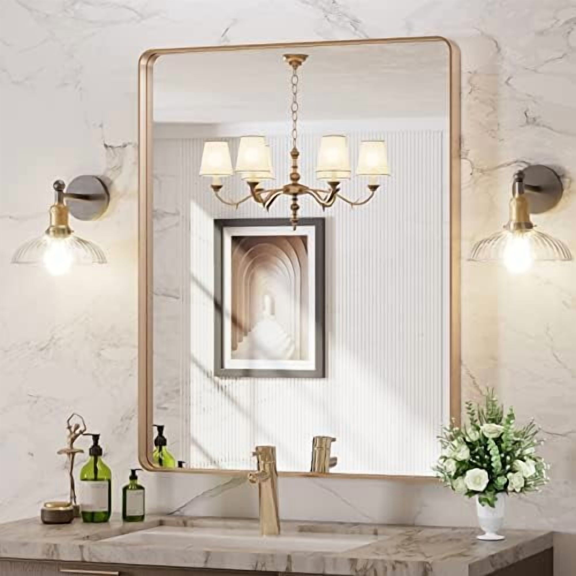 28”X36” Gold Bathroom Mirror, Rounded Rectangle Gold Frame Mirror ...