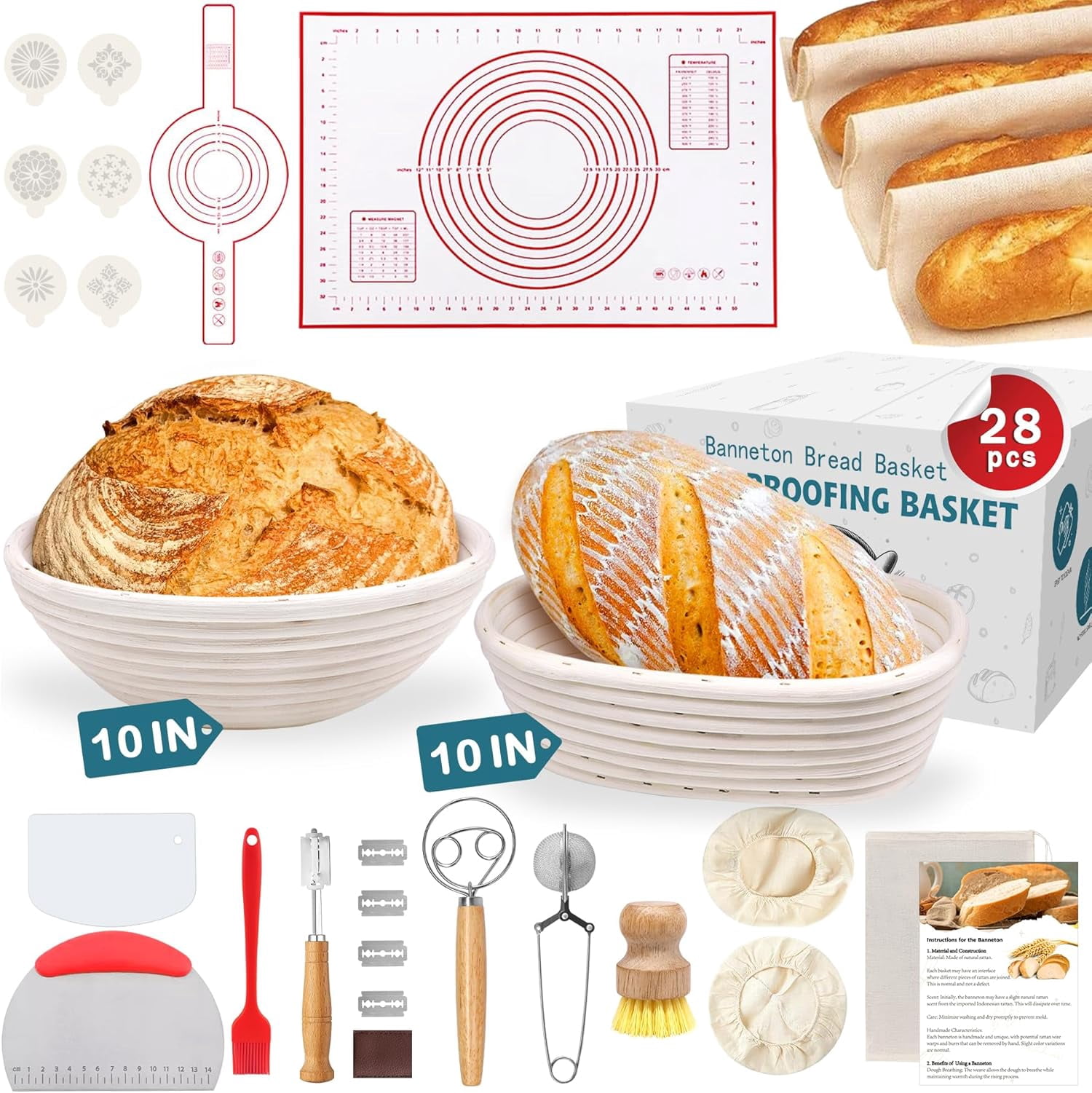 28 count Sourdough Bread Baking Supplies, 10'' Round & 10'' Oval ...