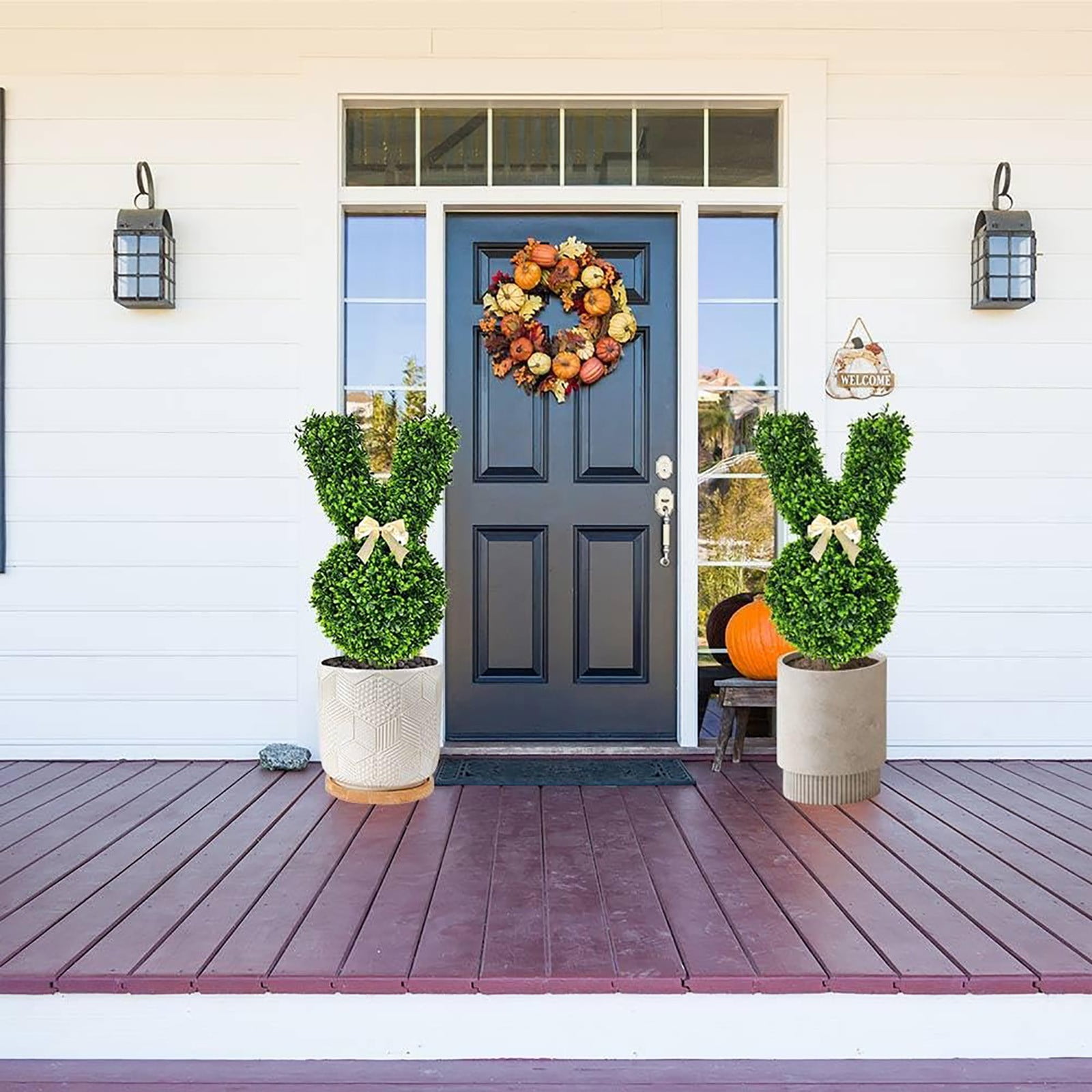 28-inch Bunny Topiary Tree, Faux Boxwood Artificial Easter Rabbit Plant ...
